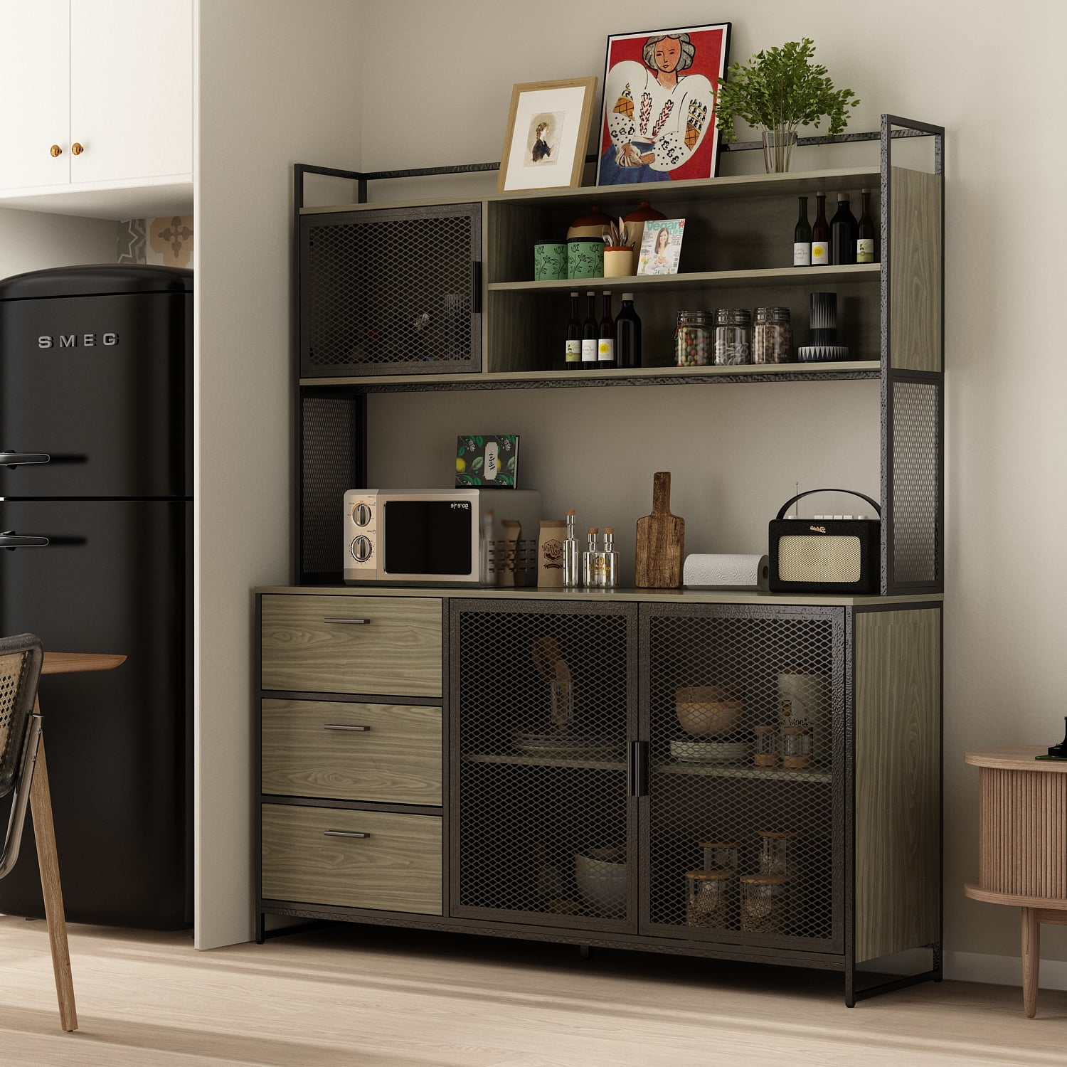 OXYLIFE Kitchen Sideboard Buffet, Metal Mesh Door Pantry Storage ...