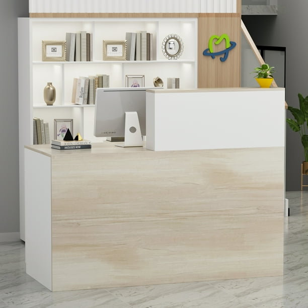 OXYLIFE L-Shape Reception Desk with Hutch and Lockable Drawer, Front ...