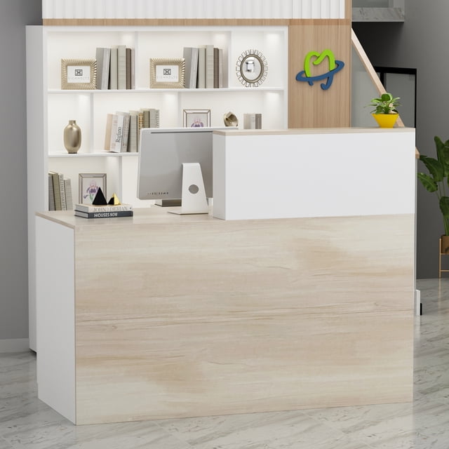 OXYLIFE L-Shape Reception Desk with Hutch and Lockable Drawer, Front ...