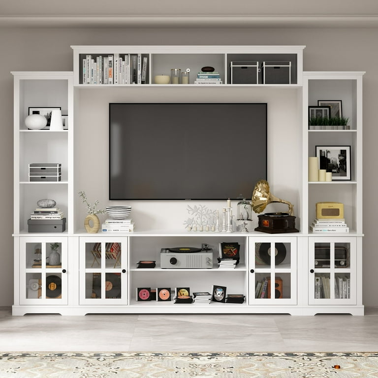 OXYLIFE Large Entertainment Center with Bookcase TV Media Center Console Table with Open Shelves and Glass Door White