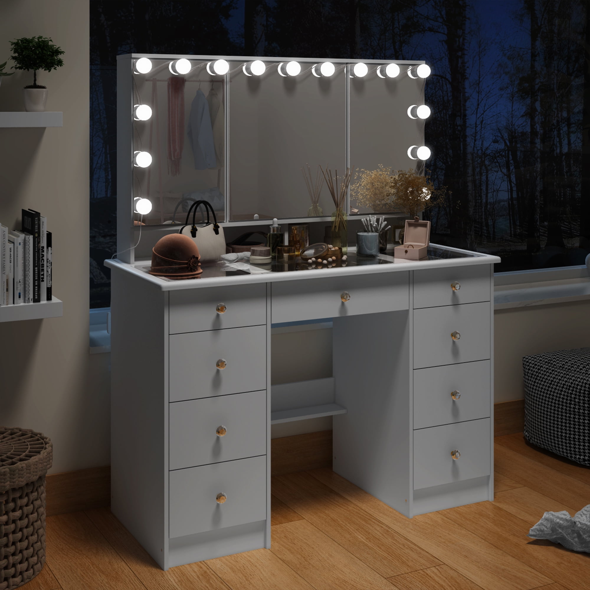OXYLIFE Large Built-in Vanity Makeup Desk with Glass Top, Mirror, 3 ...