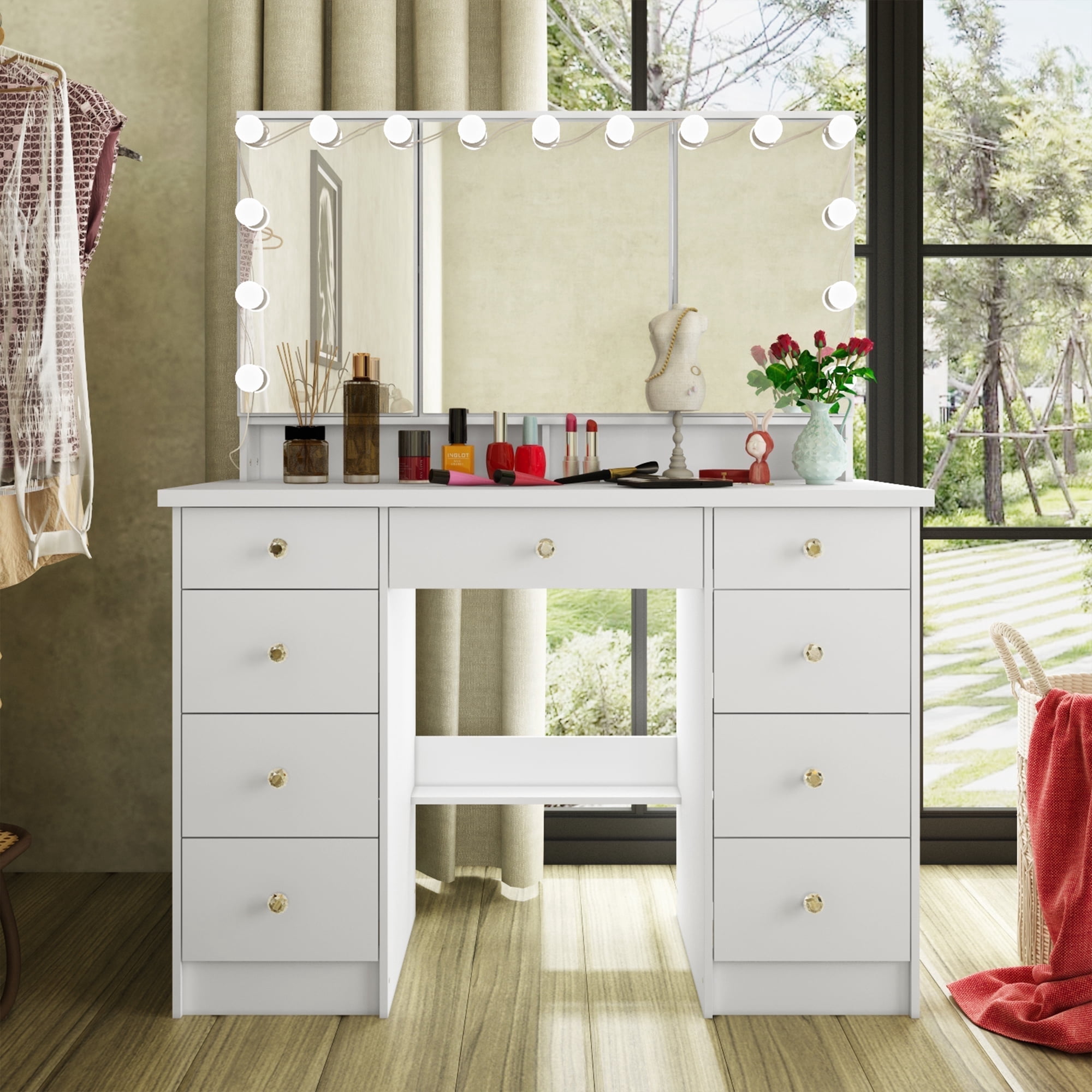 OXYLIFE Large Makeup Vanity Desk with Mirror, 3 Color Lights and 9 ...
