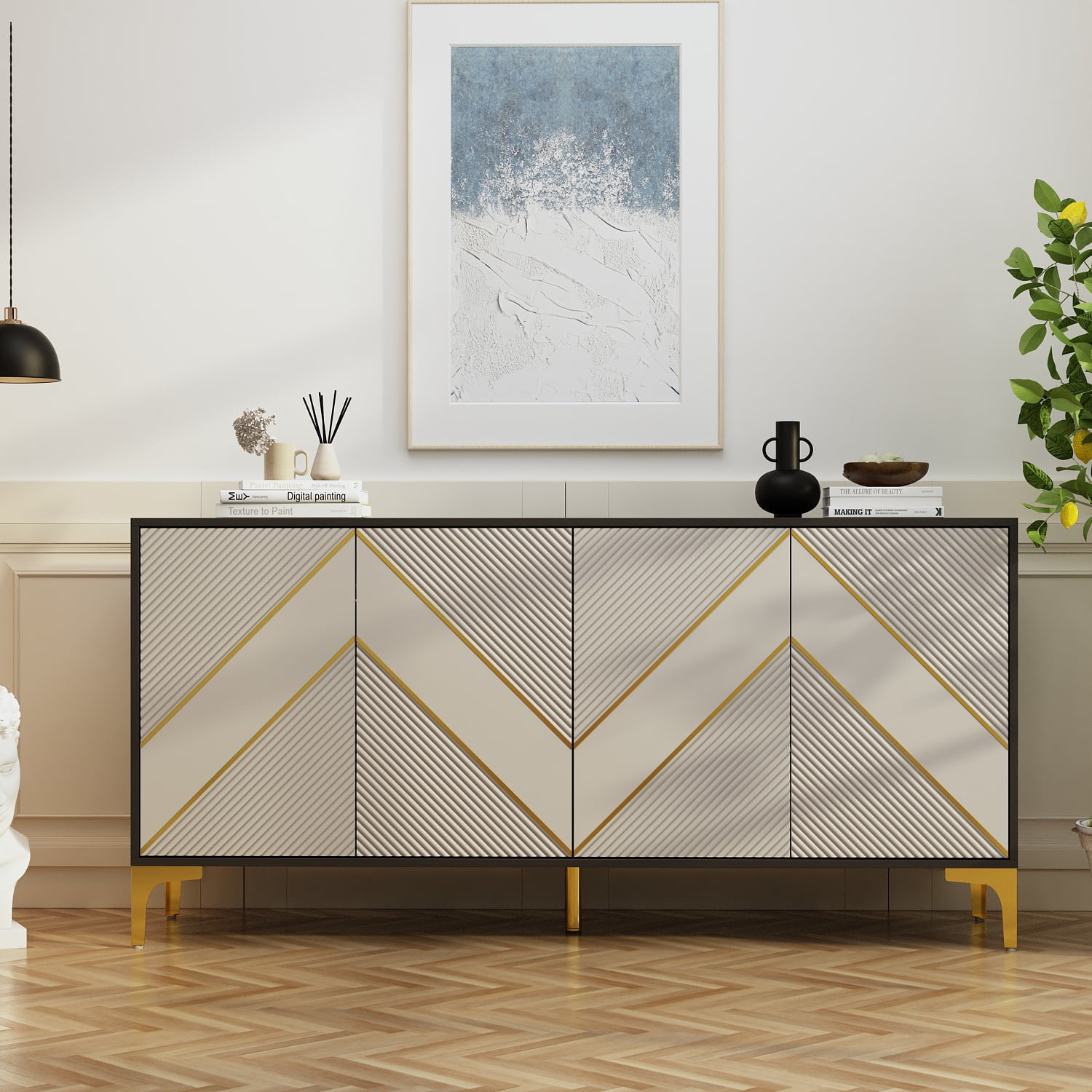 "OXYLIFE Modern 4 Door Dining Cabinet Storage, Sideboard 62.9"", Black ...