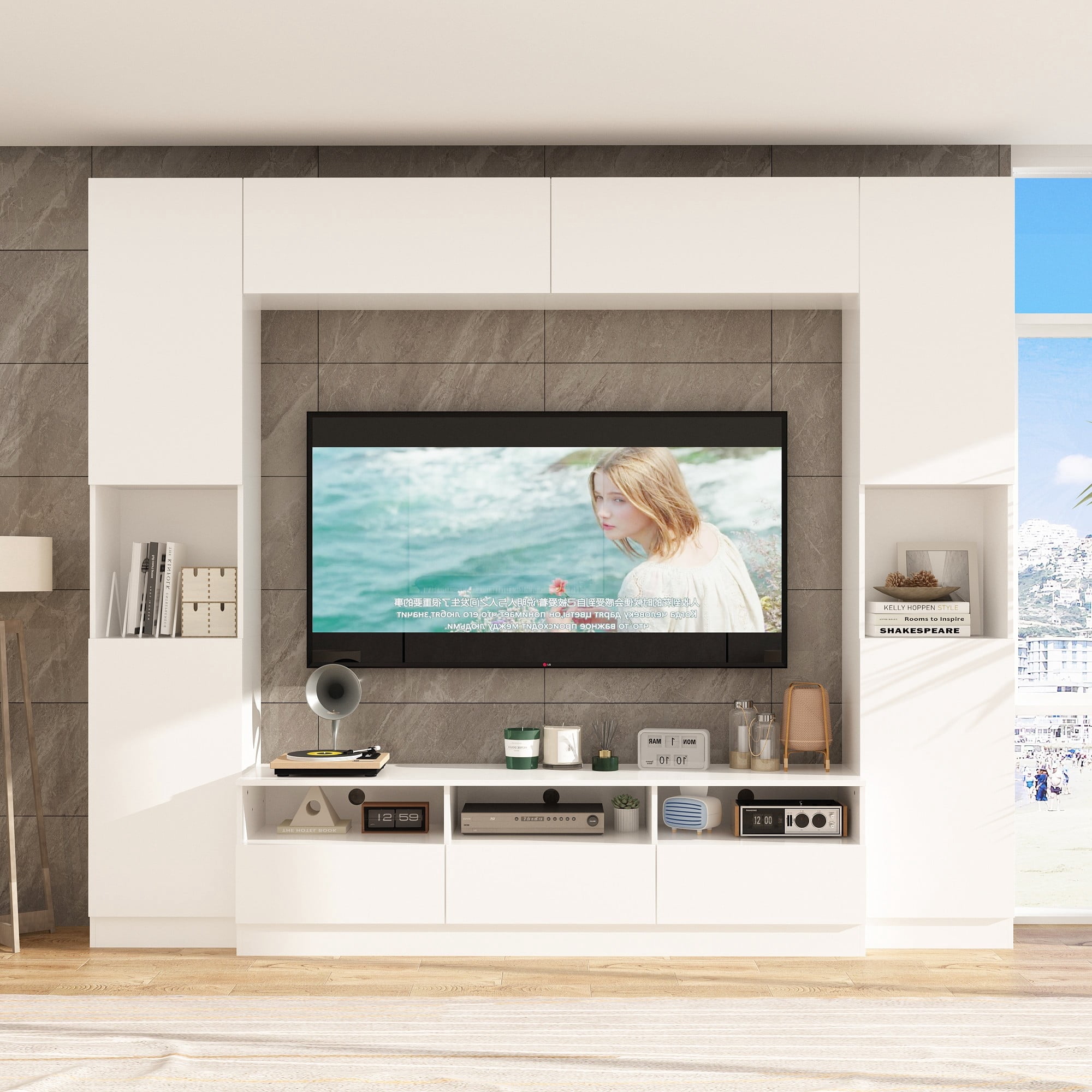 OXYLIFE Modern TV Stand with Storage Cabinets, 6 Doors & 3 Drawers, Up ...