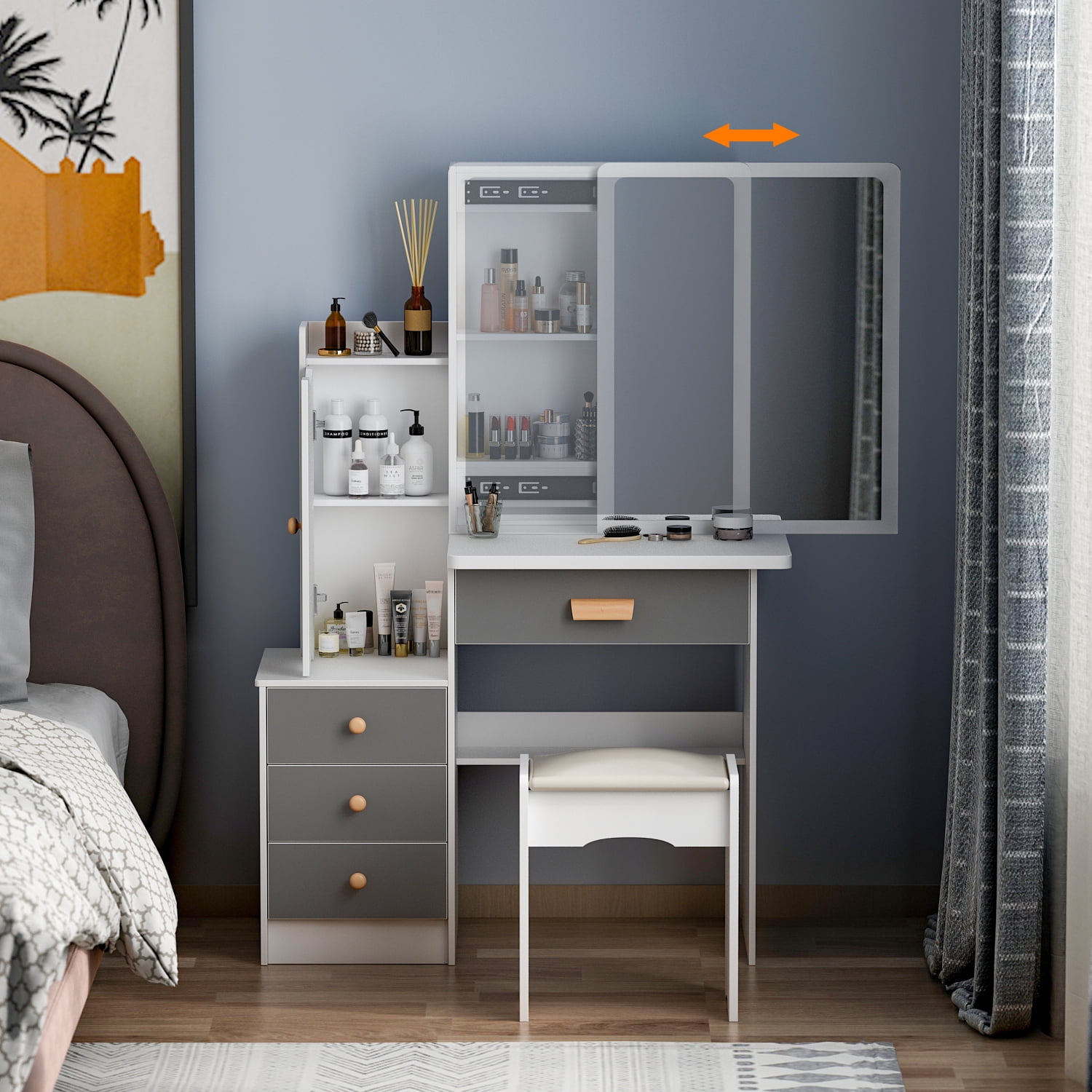 OXYLIFE Vanity Table Set with Stool, Sliding Mirror, 4 Drawers, Jewelry ...