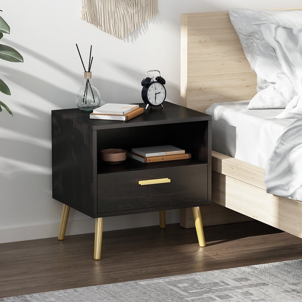OXYLIFE Nightstand with Storage Drawer and Open Shelf, Side End Table ...