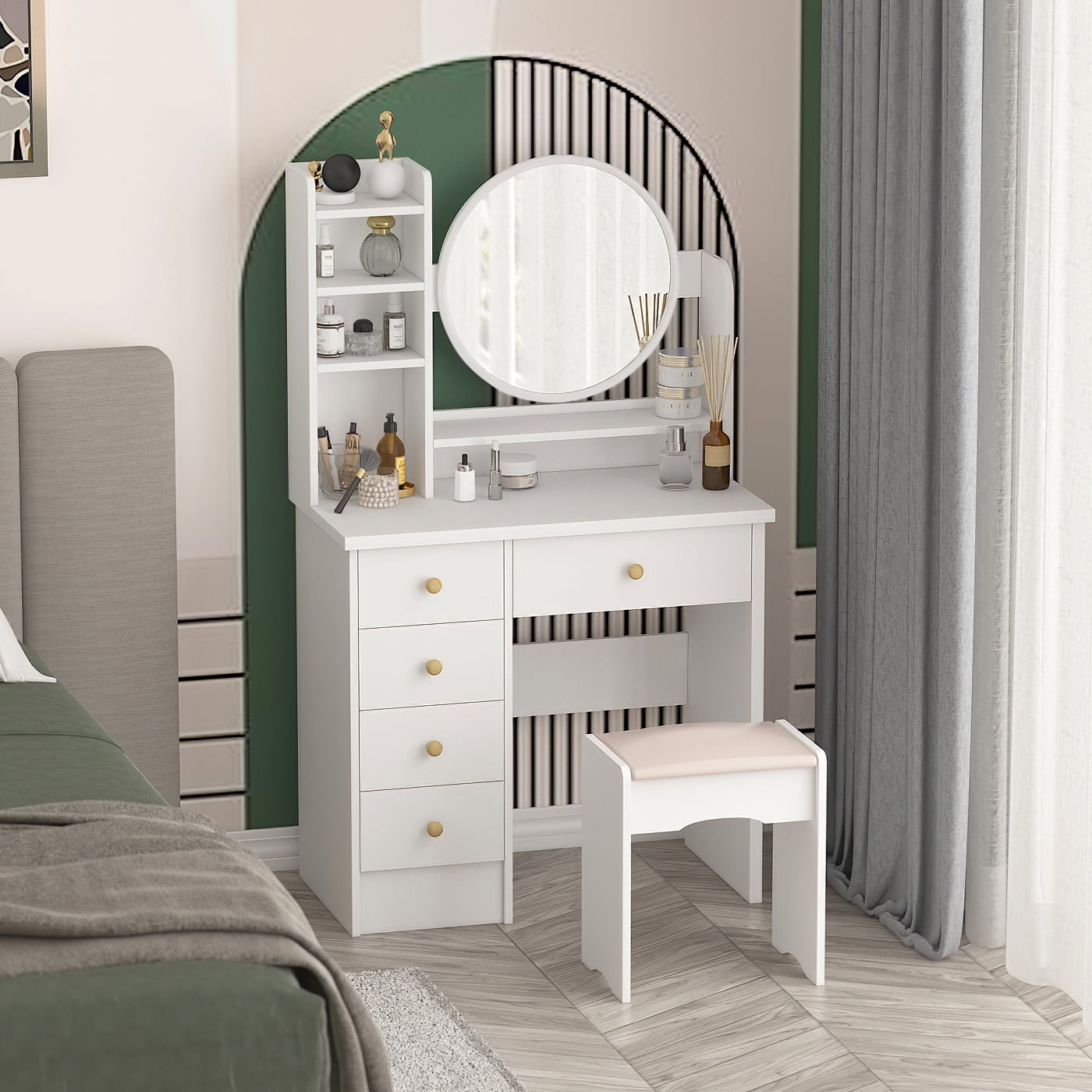 OXYLIFE Large Vanity Set with Built-in Mirror, 5 Drawers and 4 Shelves ...