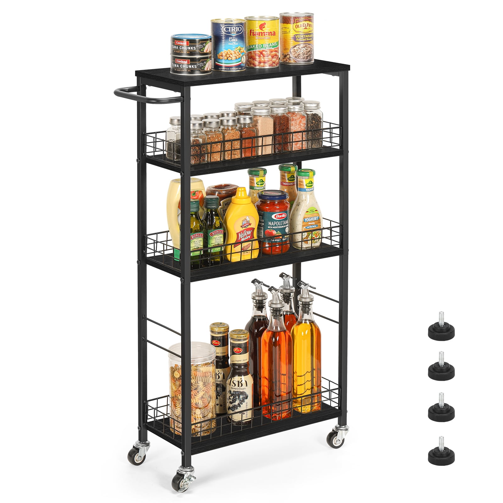 OYEAL 4-Tier Rolling Storage Cart Narrow Mobile Shelves with Black Wood ...