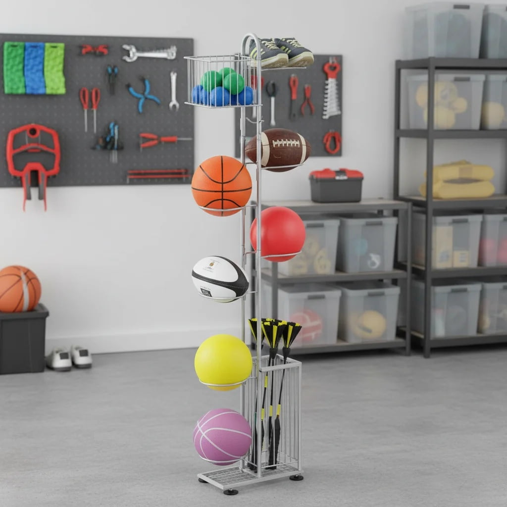 OYEAL 7 Tier Silver Freestanding Basketball Ball Storage Rack, Sport ...