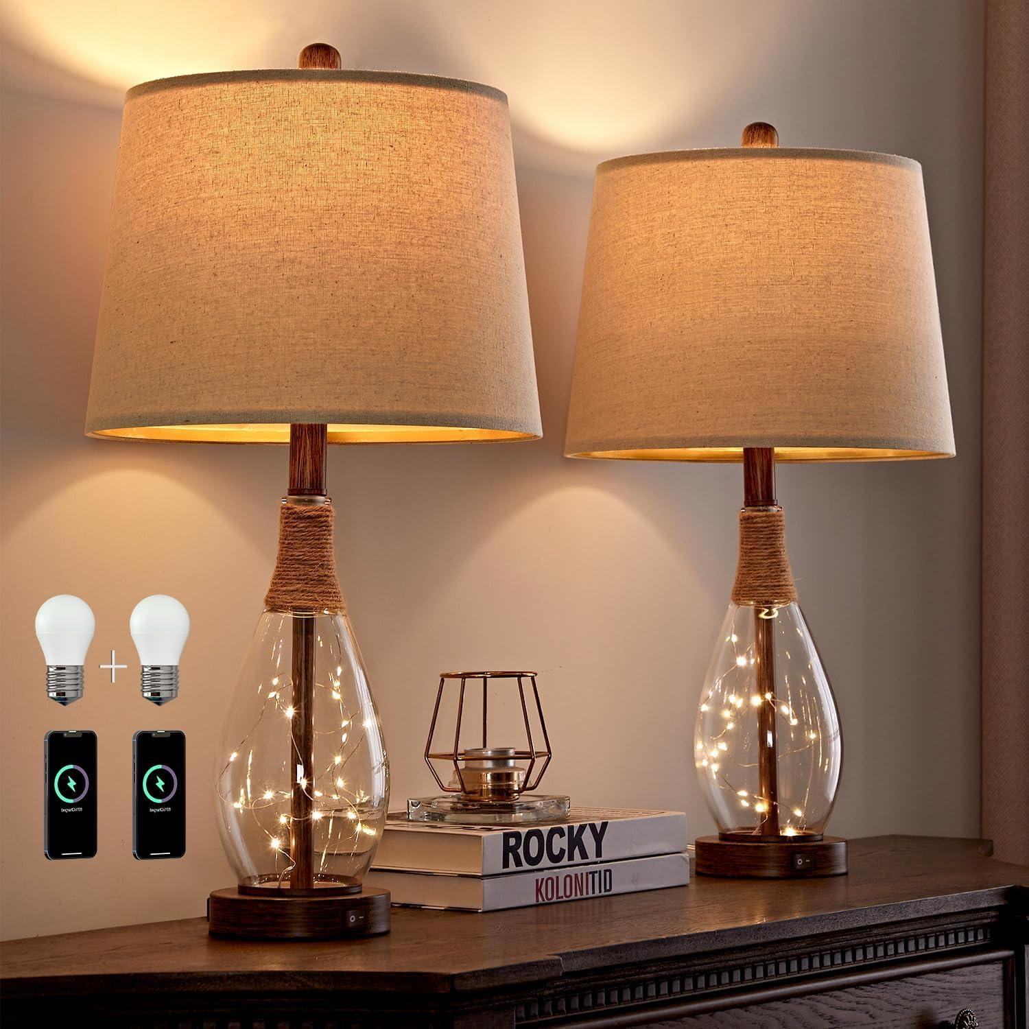 OYEARS 23" USB A+C Table Lamp Sets of 2 Modern Bedside Lamps Retro ...
