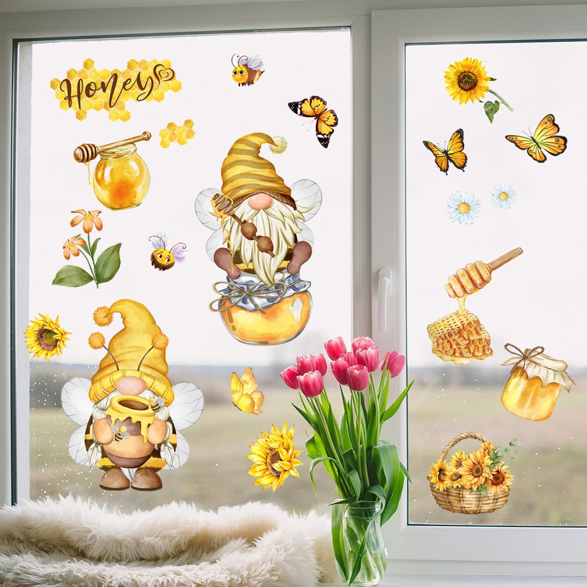 OYIGU Spring Bee Dwarf Sunflower Glass Stickers Stickers Window ...
