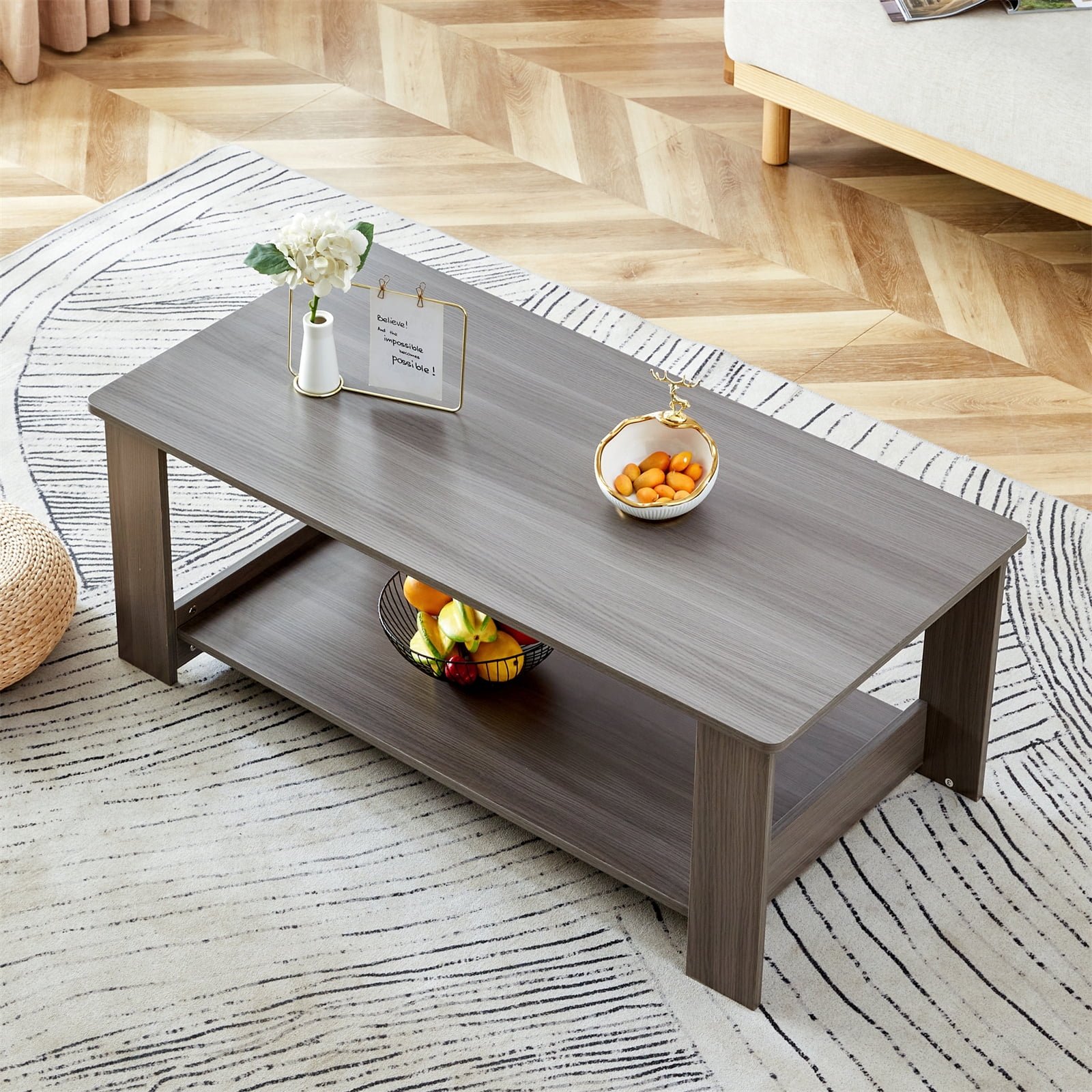 OYang 2-Tier Coffee Table Modern Textured Tea Table with Open Storage ...