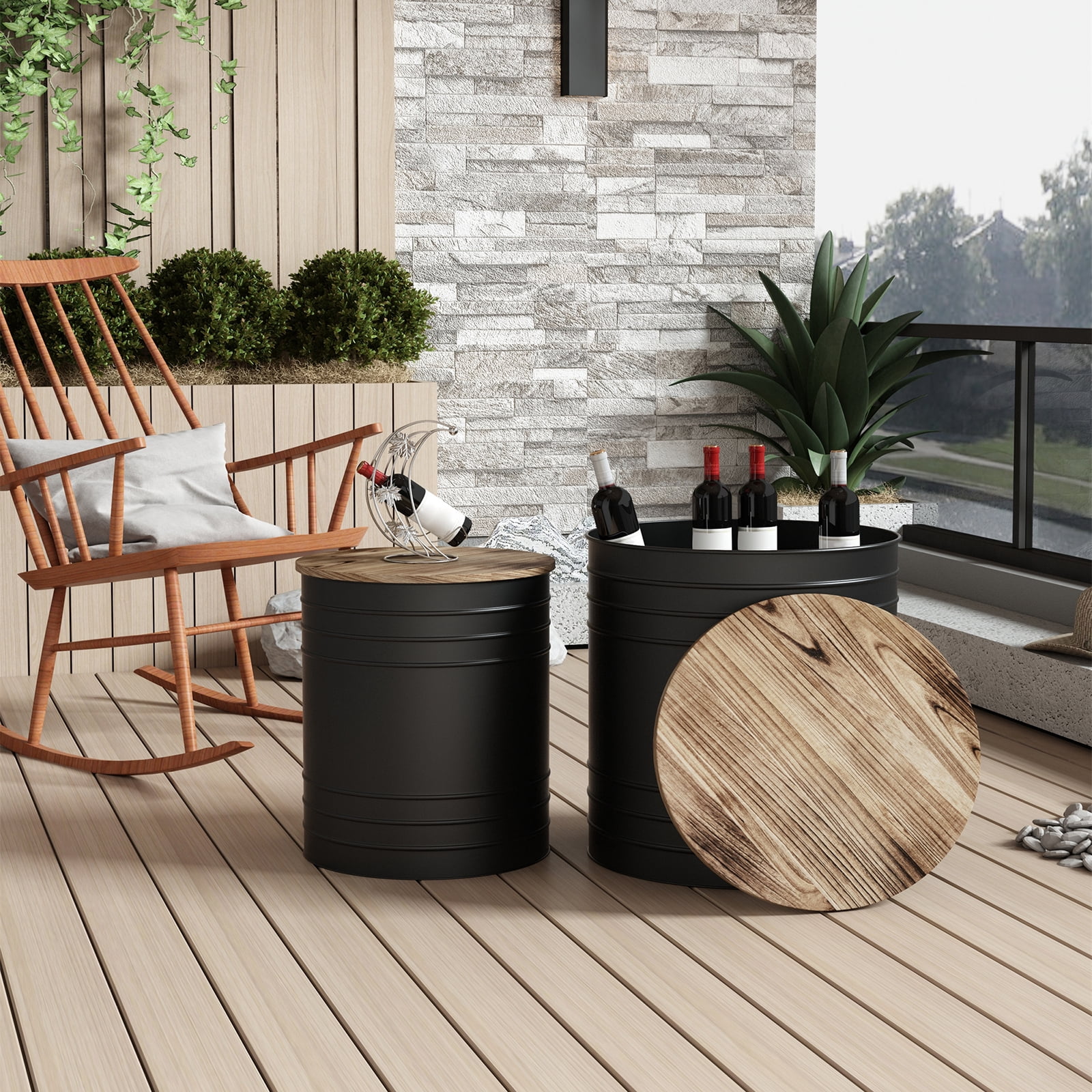 OYang 2Pcs Farmhouse Side Table with Storage, Round Wood Lid Rustic ...