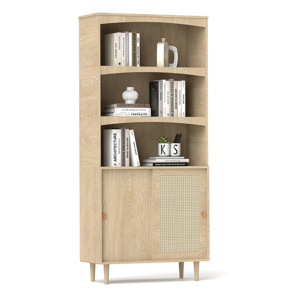 OYang 5 Tier Tall Bookcase, Rattan Wood Bookshelf with Door Storage ...