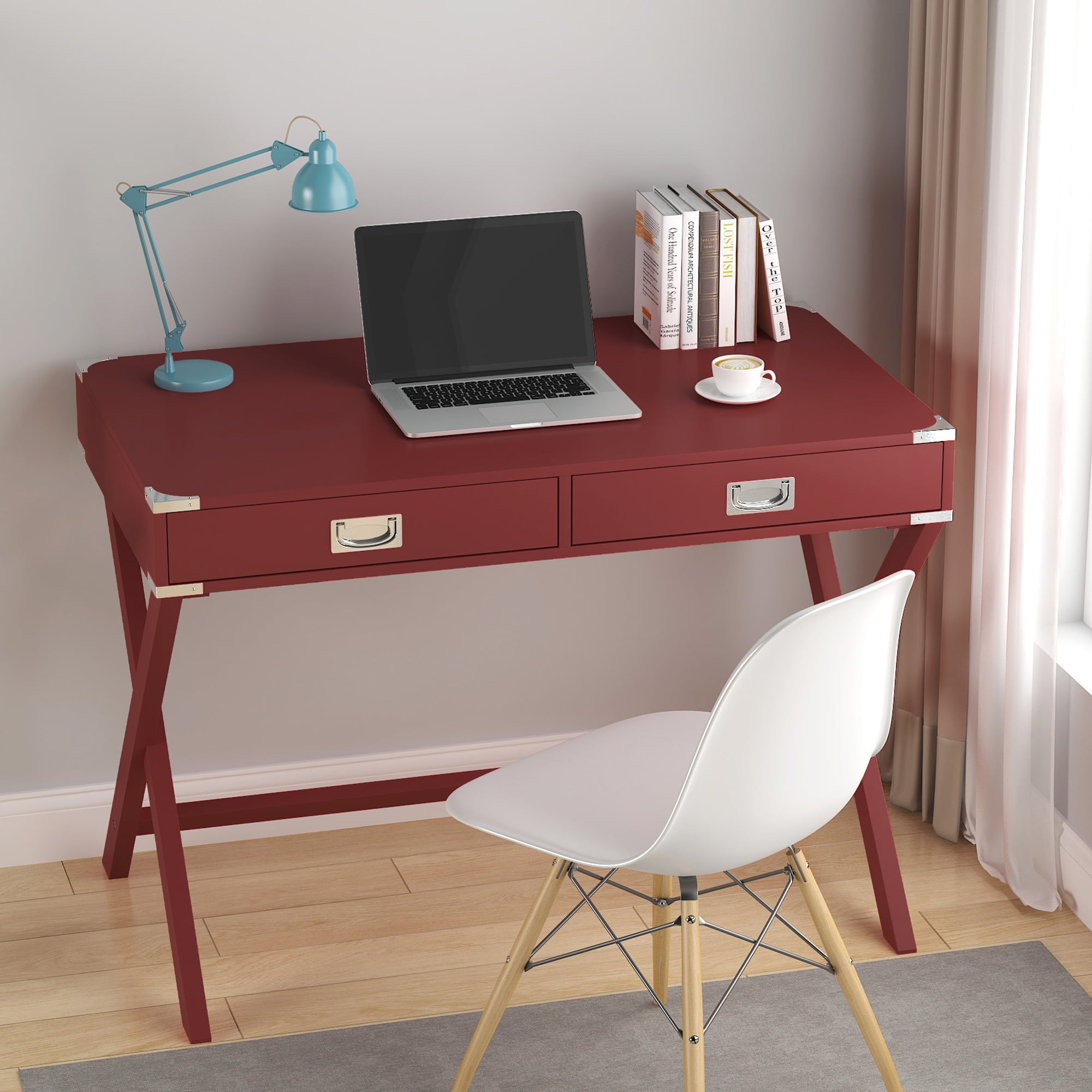 OYang Computer Desk with Storage Space Solid Wood Desk with 2 Drawers ...