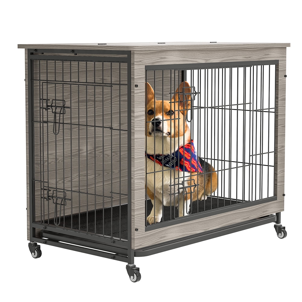 OYang Dog Kennel Wooden Dog Crate End Table Chew-Proof Metal Mesh Dog ...