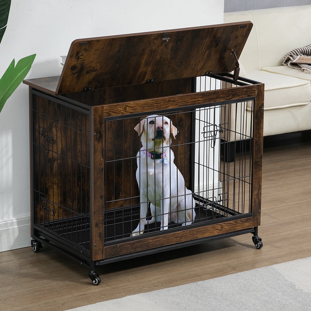 OYang Dog Kennel Wooden Dog Crate End Table Chew-Proof Metal Mesh Dog ...