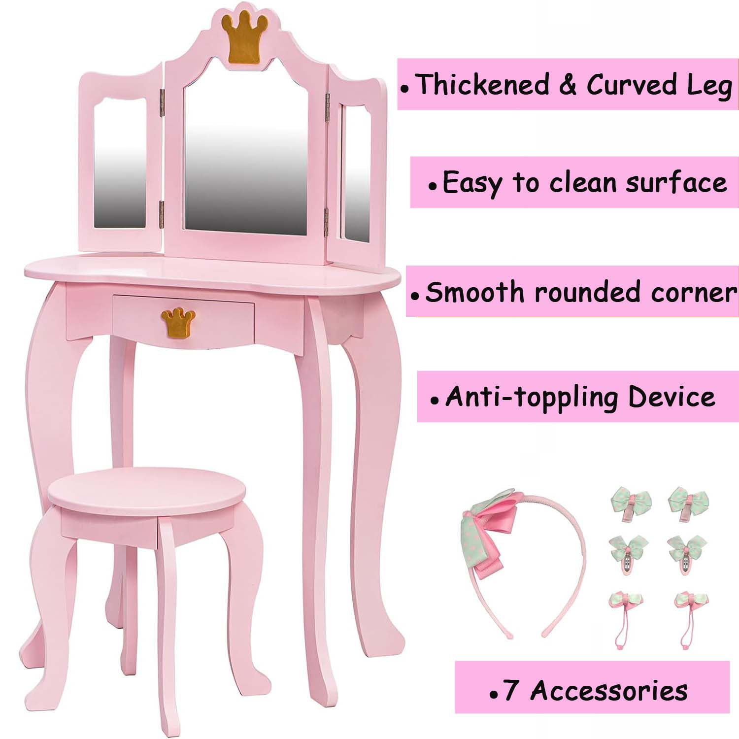 OYang Girls Vanity Table with Mirror,Stool,Tri-Folding Mirror& Drawer ...