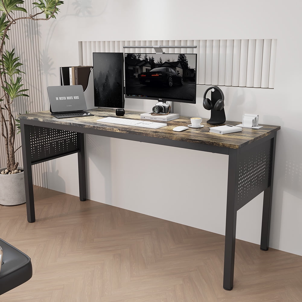 OYang Home Office Desk Workstation with Metal Decorative Panel Laptop ...