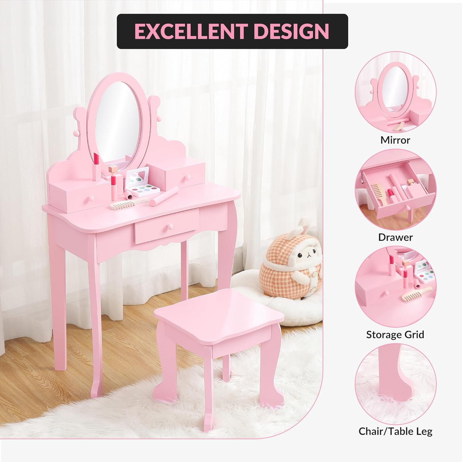 OYang Kids Vanity Set with Adjustable Angle Mirror, Pretend Play Girls ...
