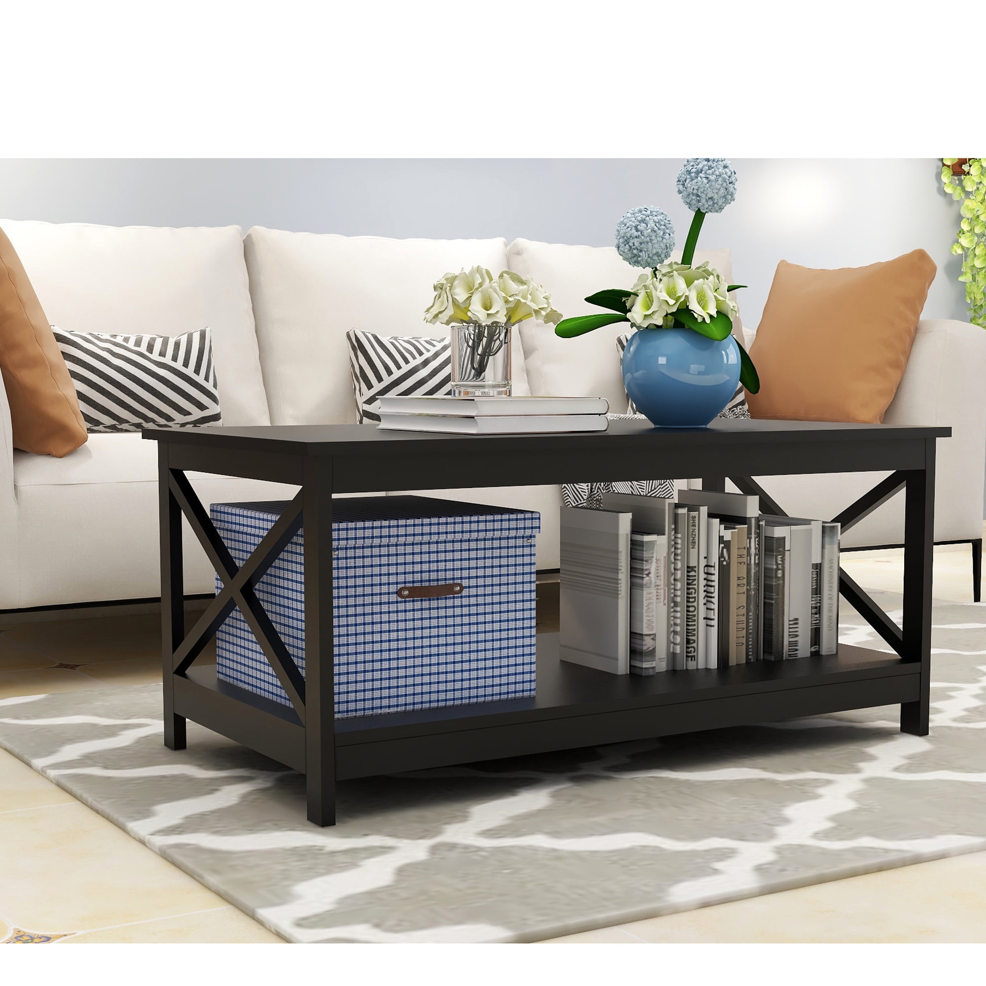 OYang Modern Coffee Table with Bottom Open Shelf Wooden Center Table ...