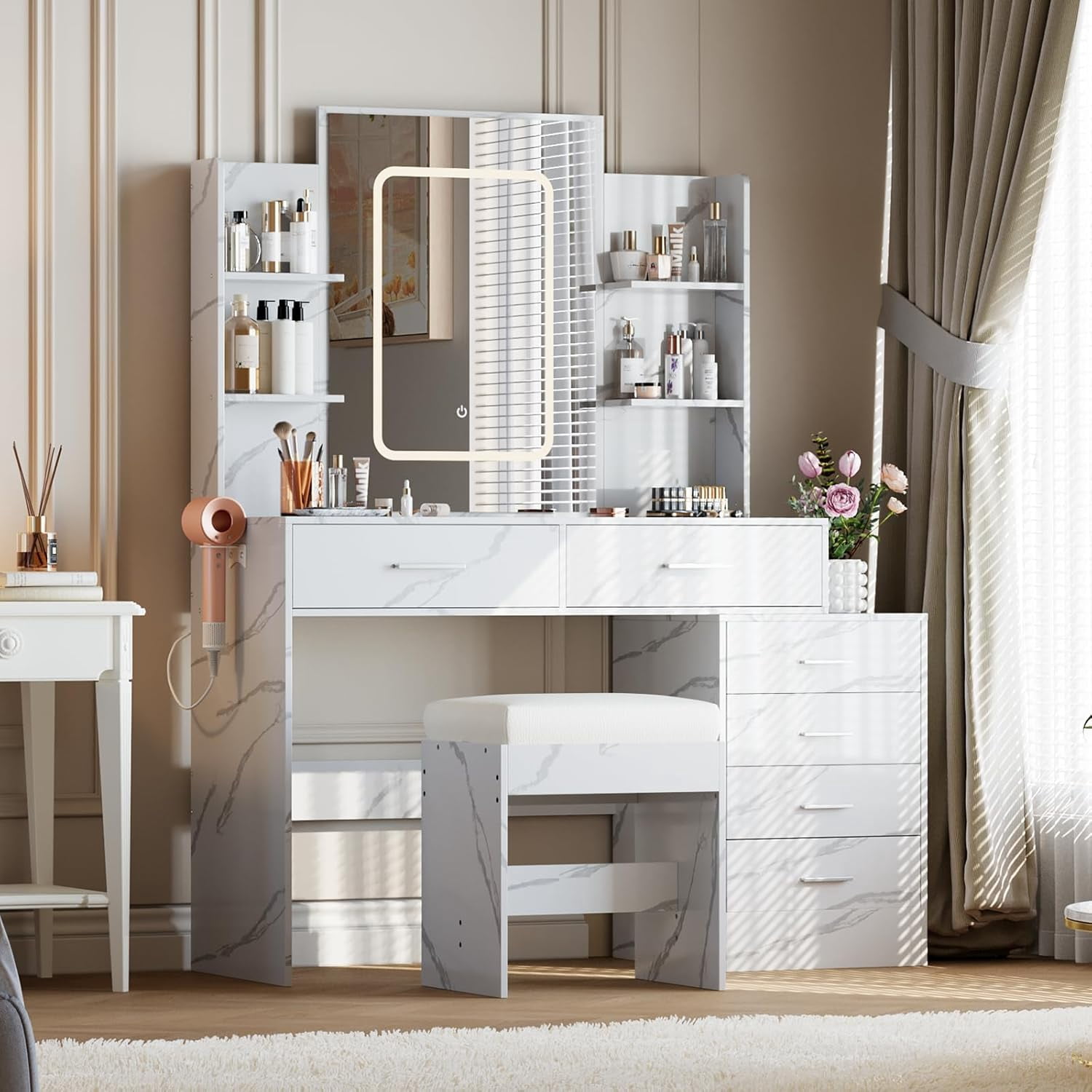 OYang Modern Makeup Vanity Set, Vanity Desk with Lighted Mirror, Power ...