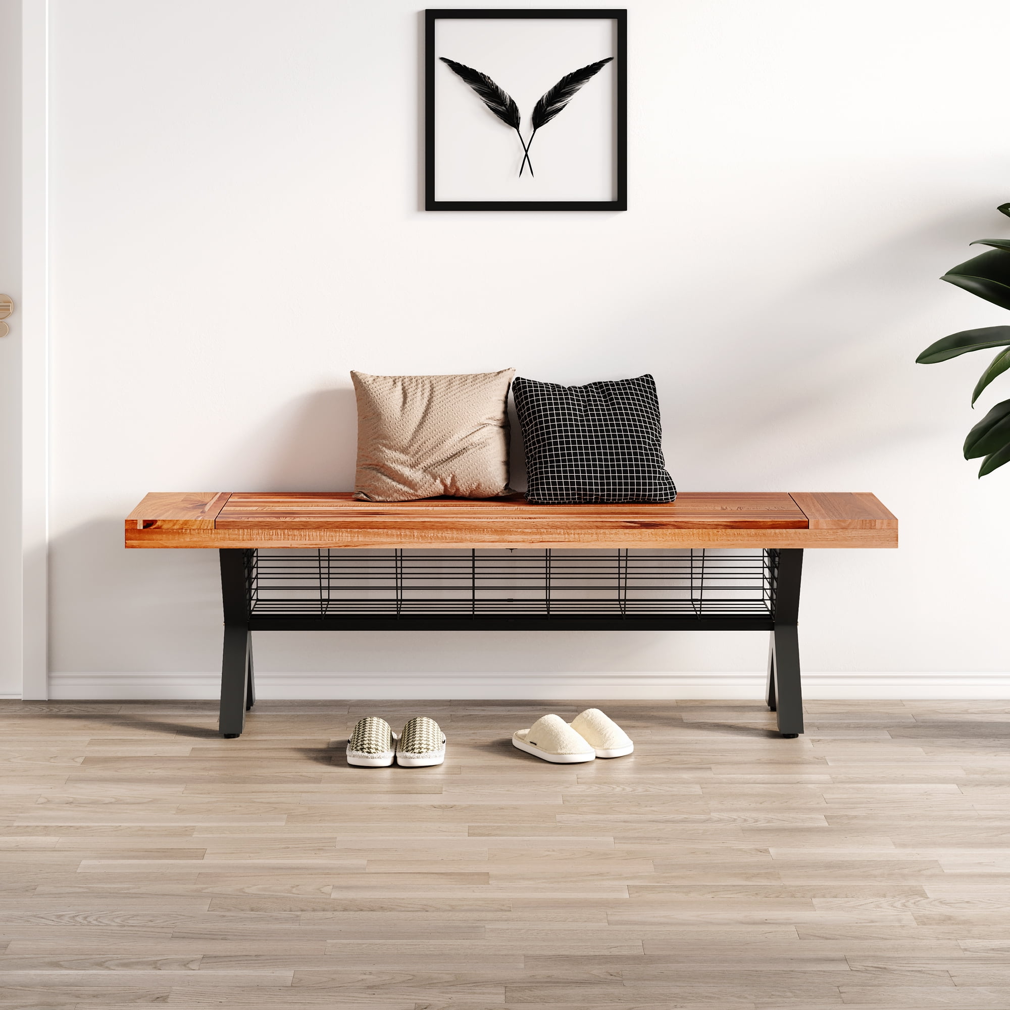 OYang Outdoor Bench with Storage Basket, Patio Acacia Wood Benches ...