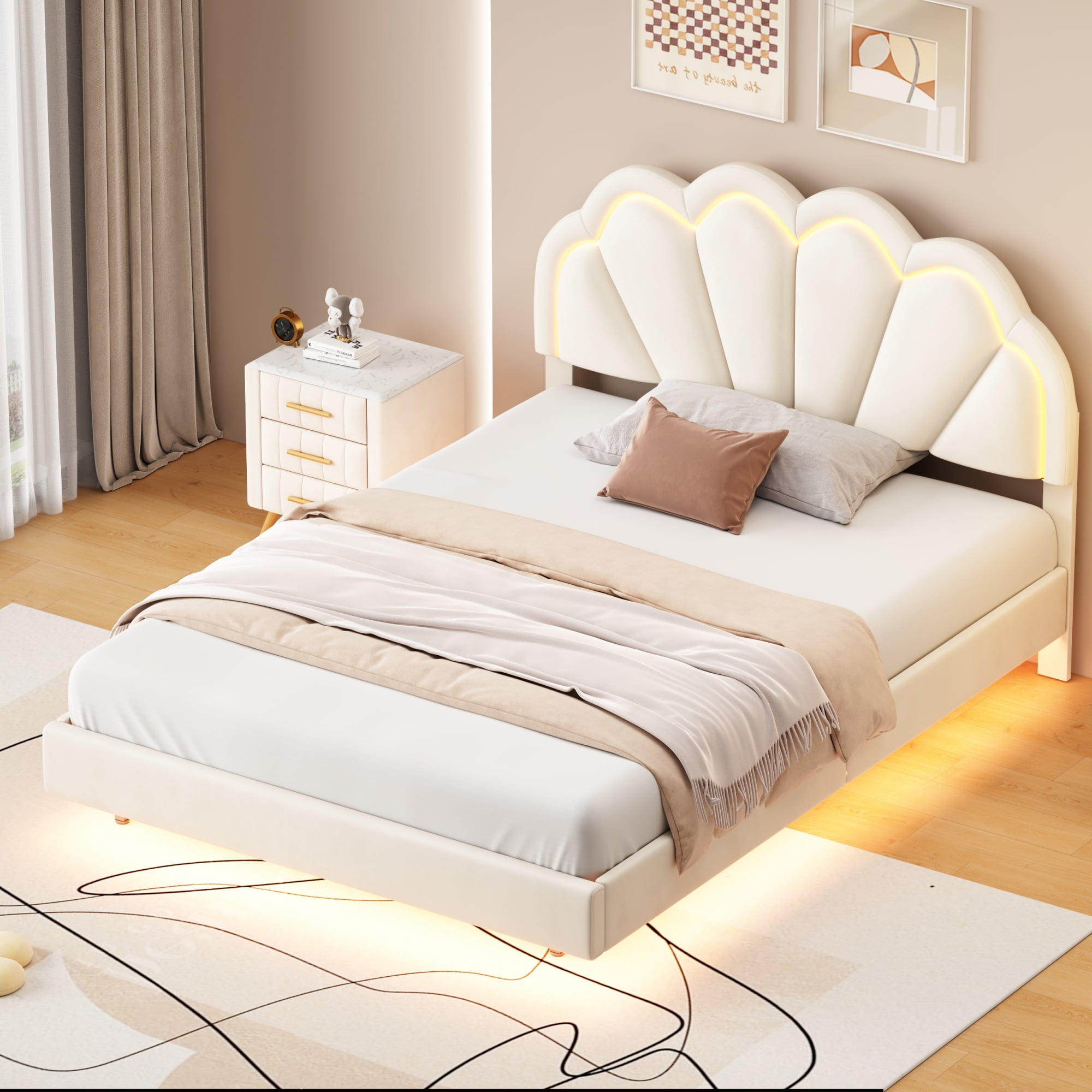 OYang Queen Upholstered Bed Frame,Smart Platform Bed with LED Lights ...