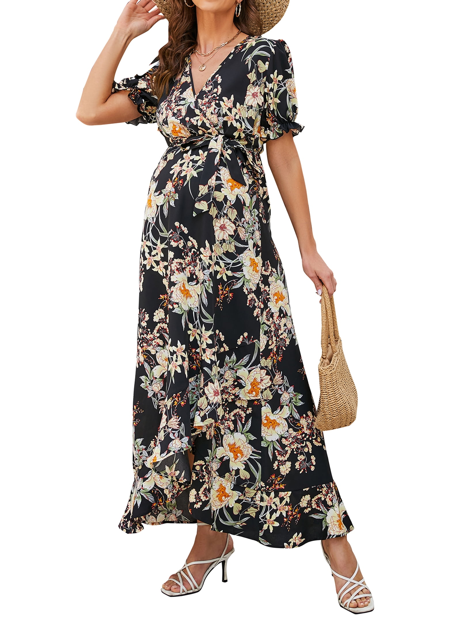 OYang Women's Maternity Dress V-Neck Short Sleeve Ruffle Long Dress Black Flower 2XL - Walmart.com