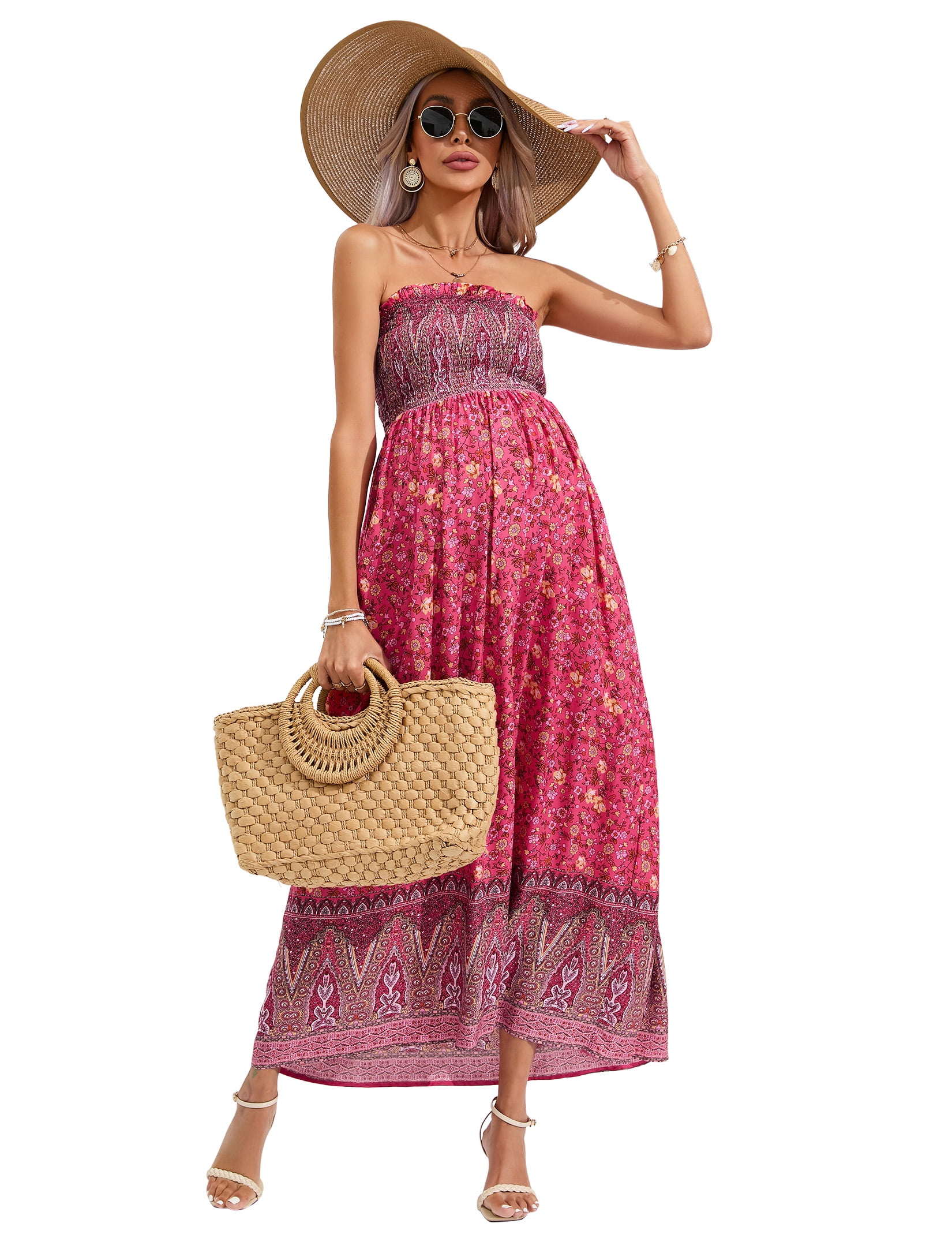 OYang Women's Maternity Dresses Boho Strapless Summer Casual Floral Maxi Dress Red-L - Walmart.com