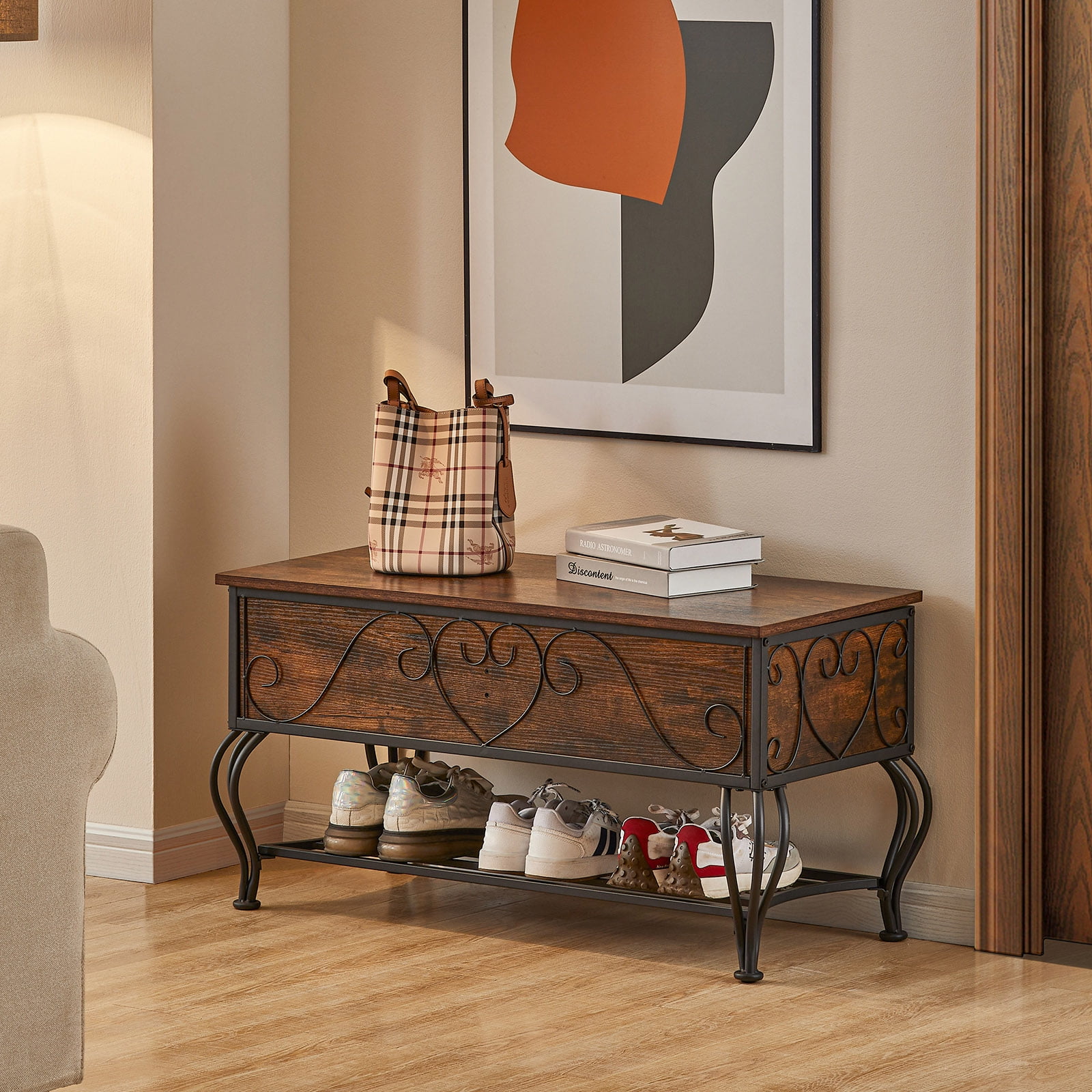 OYang Wood Shoe Rack Bench with Metal Rack for Entryway, Industrial ...