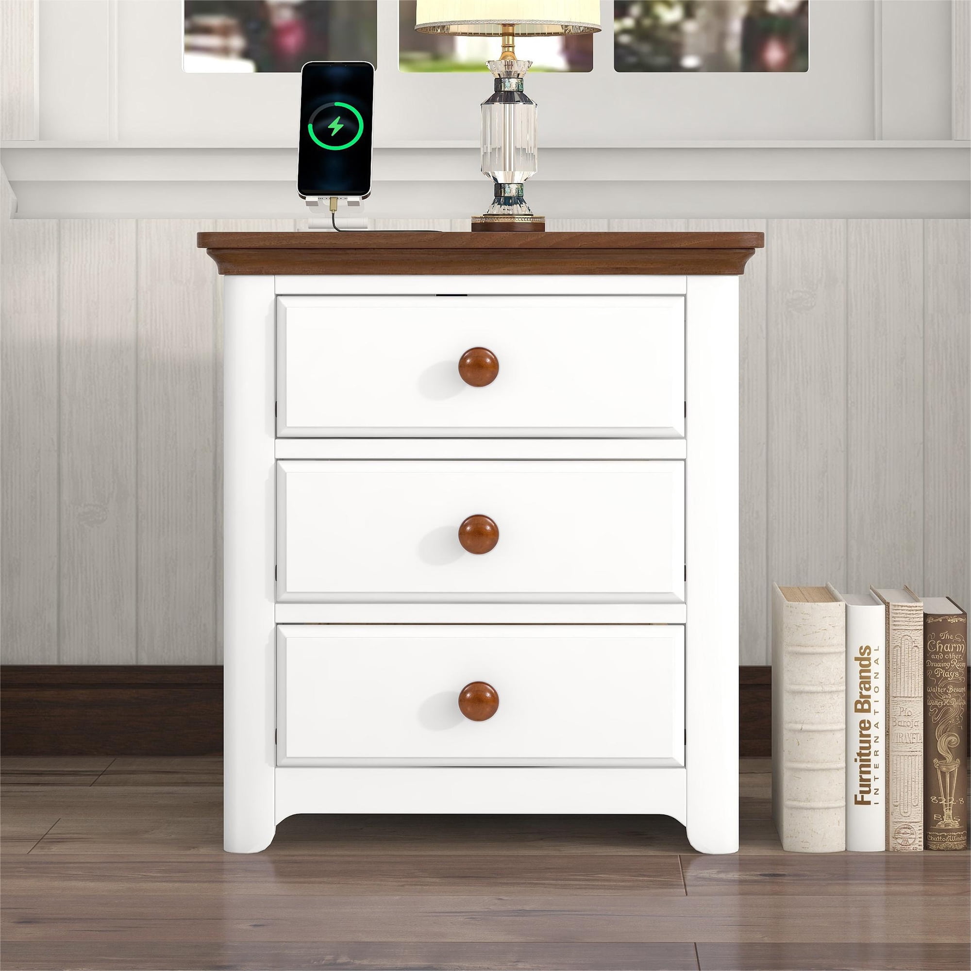 OYang Wooden Nightstand with USB Charging Ports 3 Drawers End Table ...