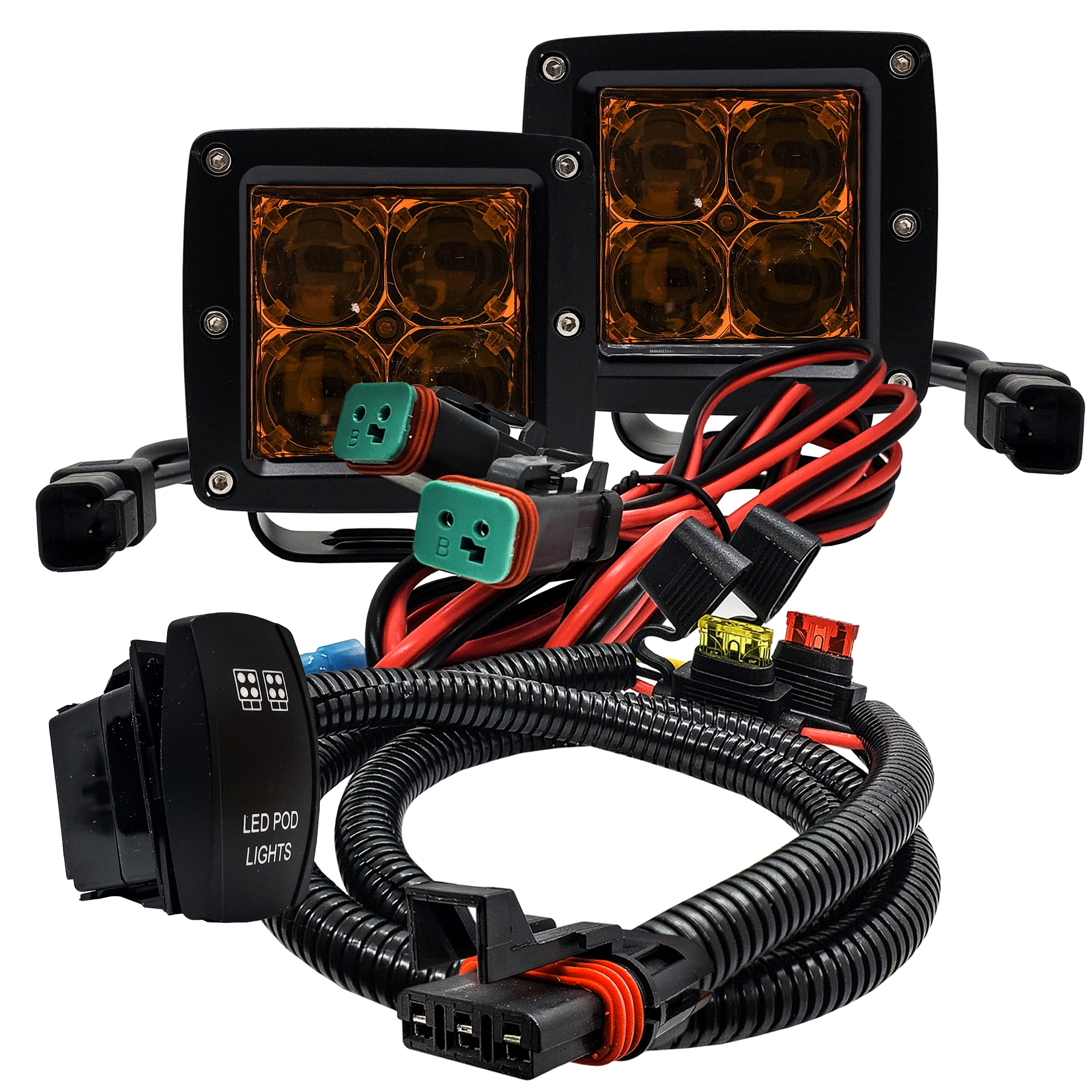 OZ-USA 3" Amber LED Pod Lights Spot Beam with Power Bus Bar Wire ...
