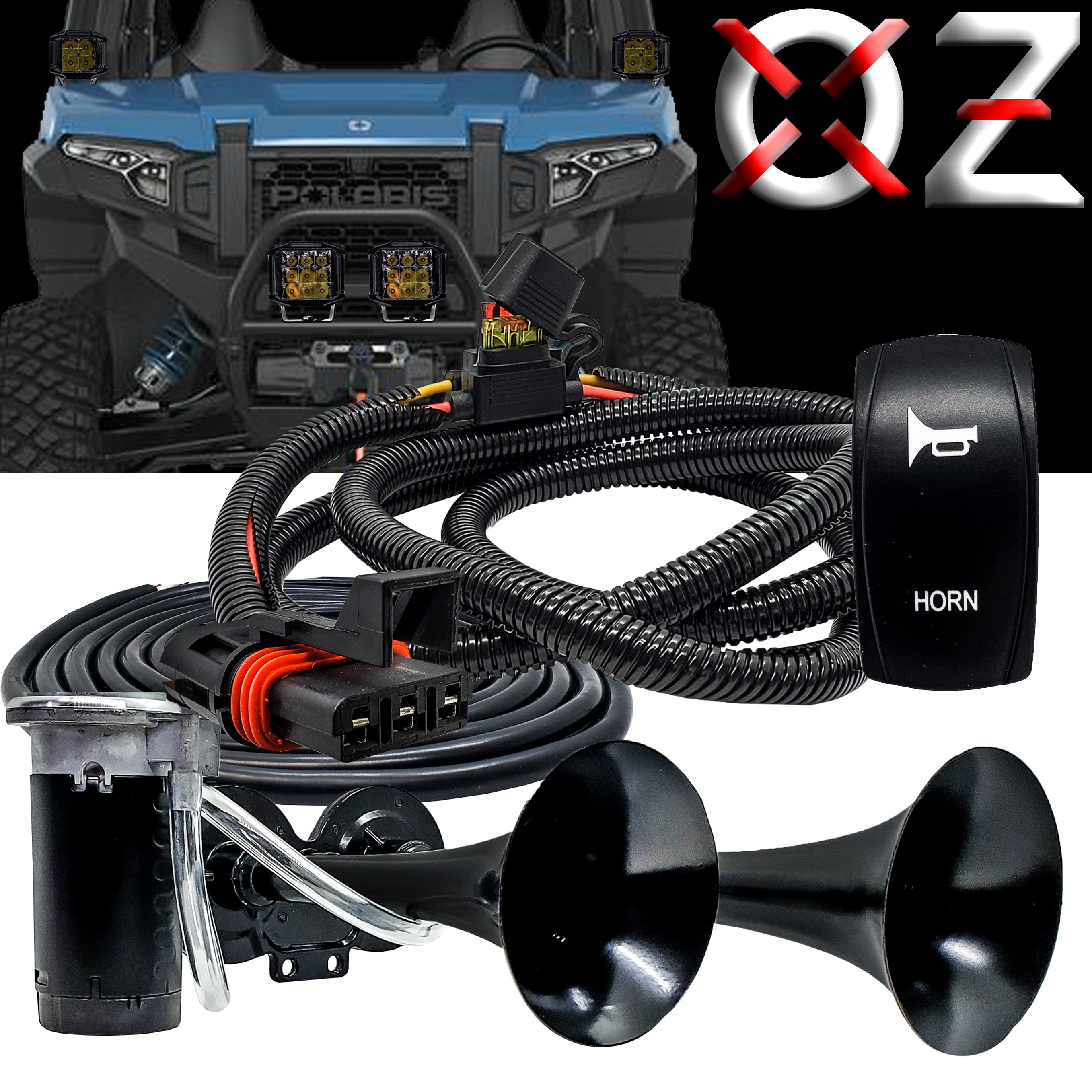 OZ-USA Air Horn Dual Trumpet with Power Bus Bar Plug Black Rocker ...