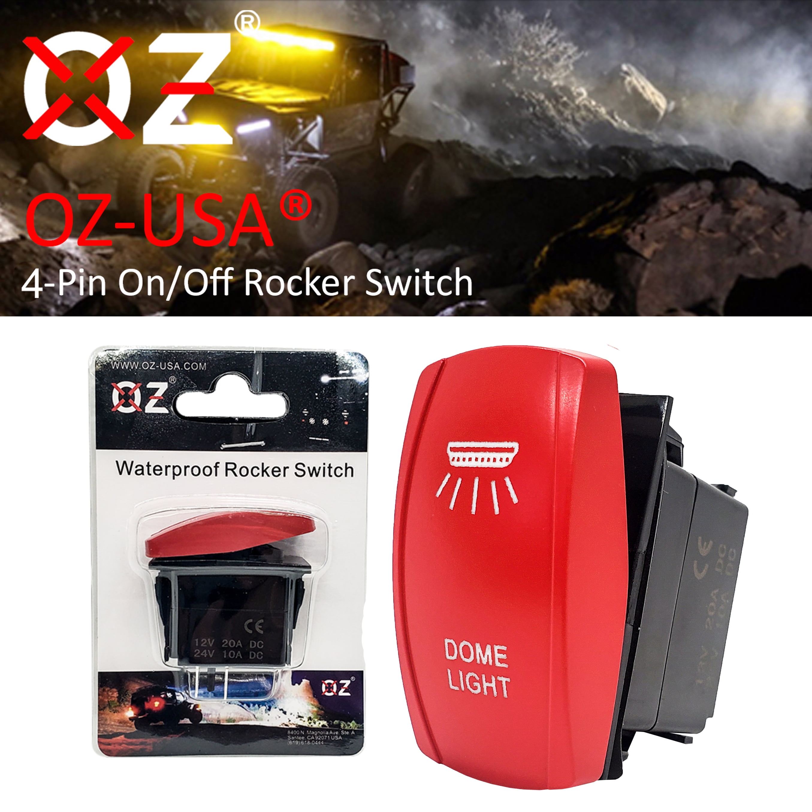 OZ-USA Dome Light On/Off Red Rocker Switch 4-Pin for UTV Trucks Golf ...