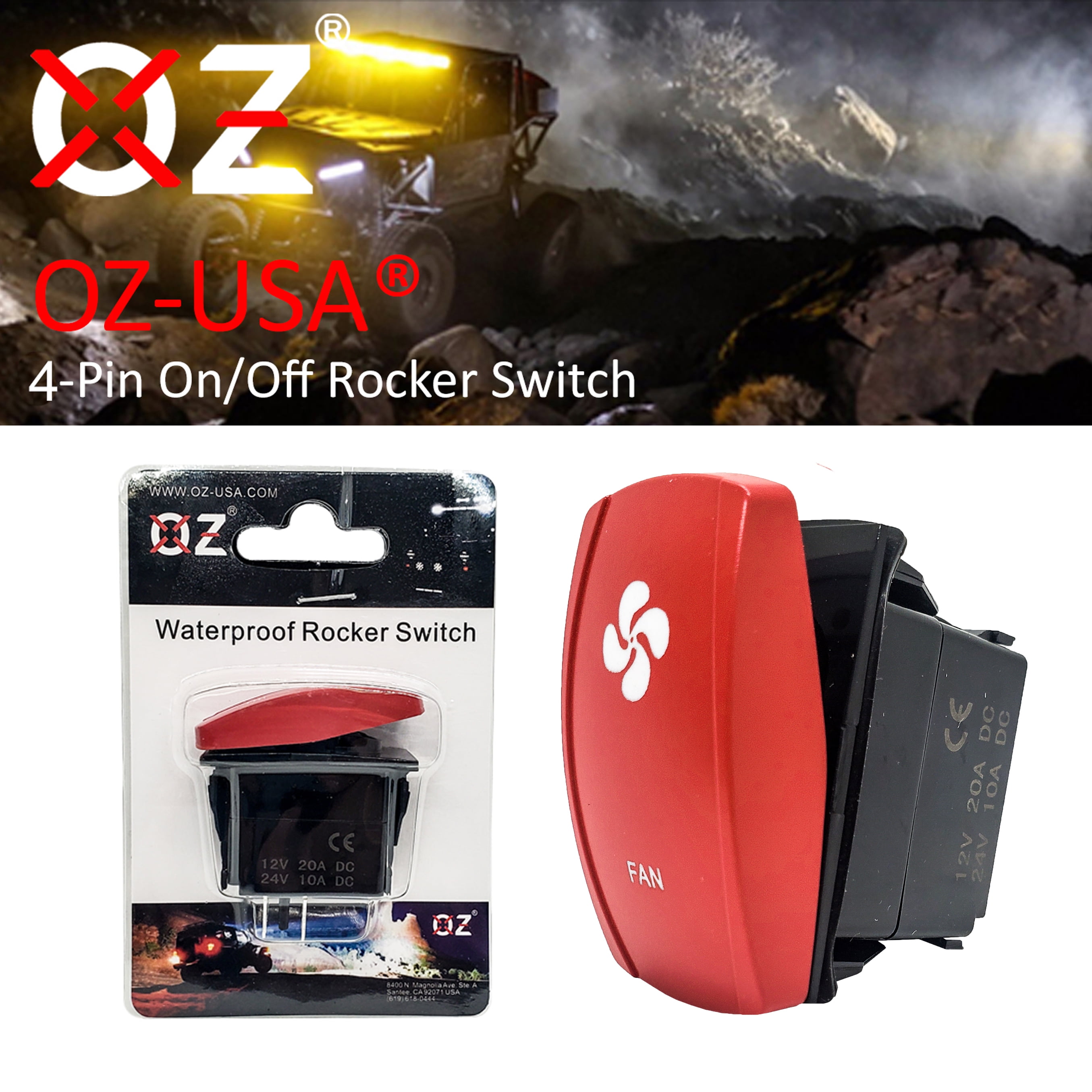 OZ-USA FAN Red Plate On/Off Rocker Switch 4-Pin for UTV Trucks RV ...