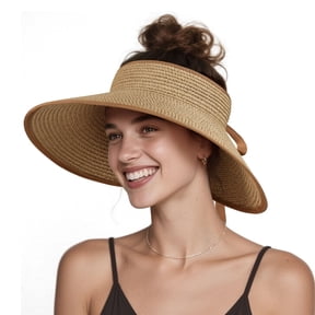 SUN CUBE Women’s Straw Sun Visor Hat, Wide Brim UV Protection, Roll-Up ...