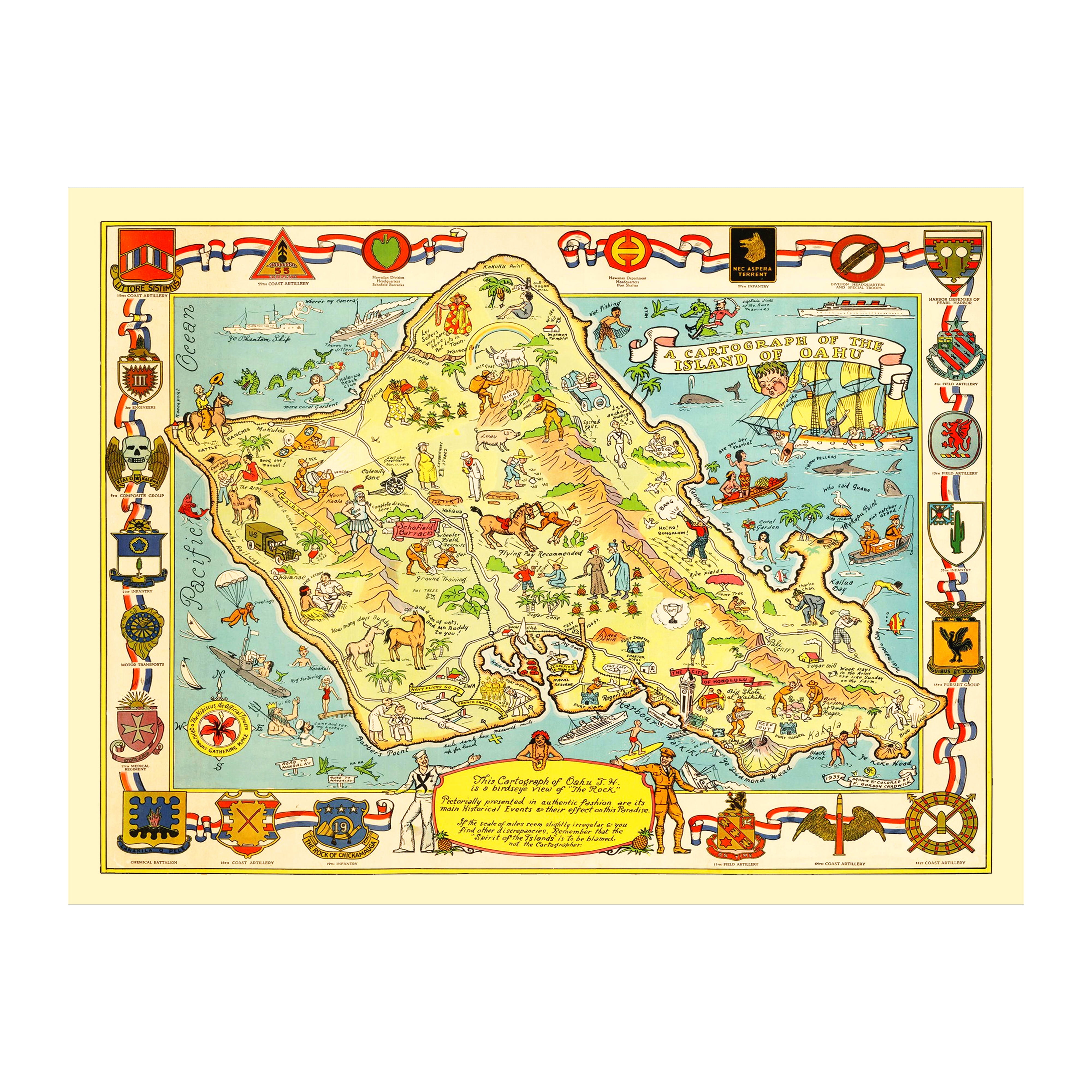 Oahu Art, 1933 Vintage Map of Oahu History Wall Decor Gift, Old Oahu ...