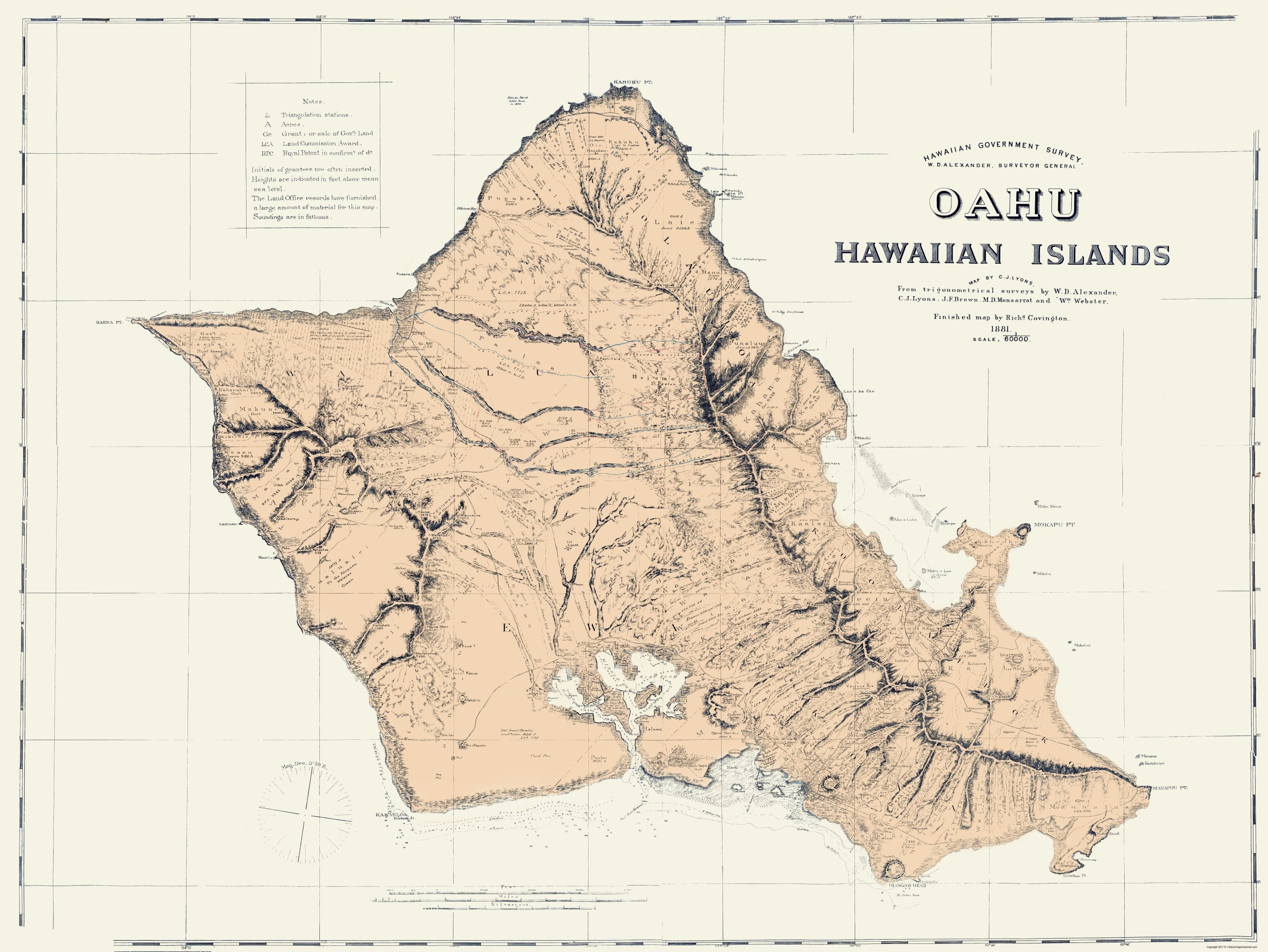 Historic County Map - Oahu County Hawaii - Covington 1881 - 23 x 30.63 ...