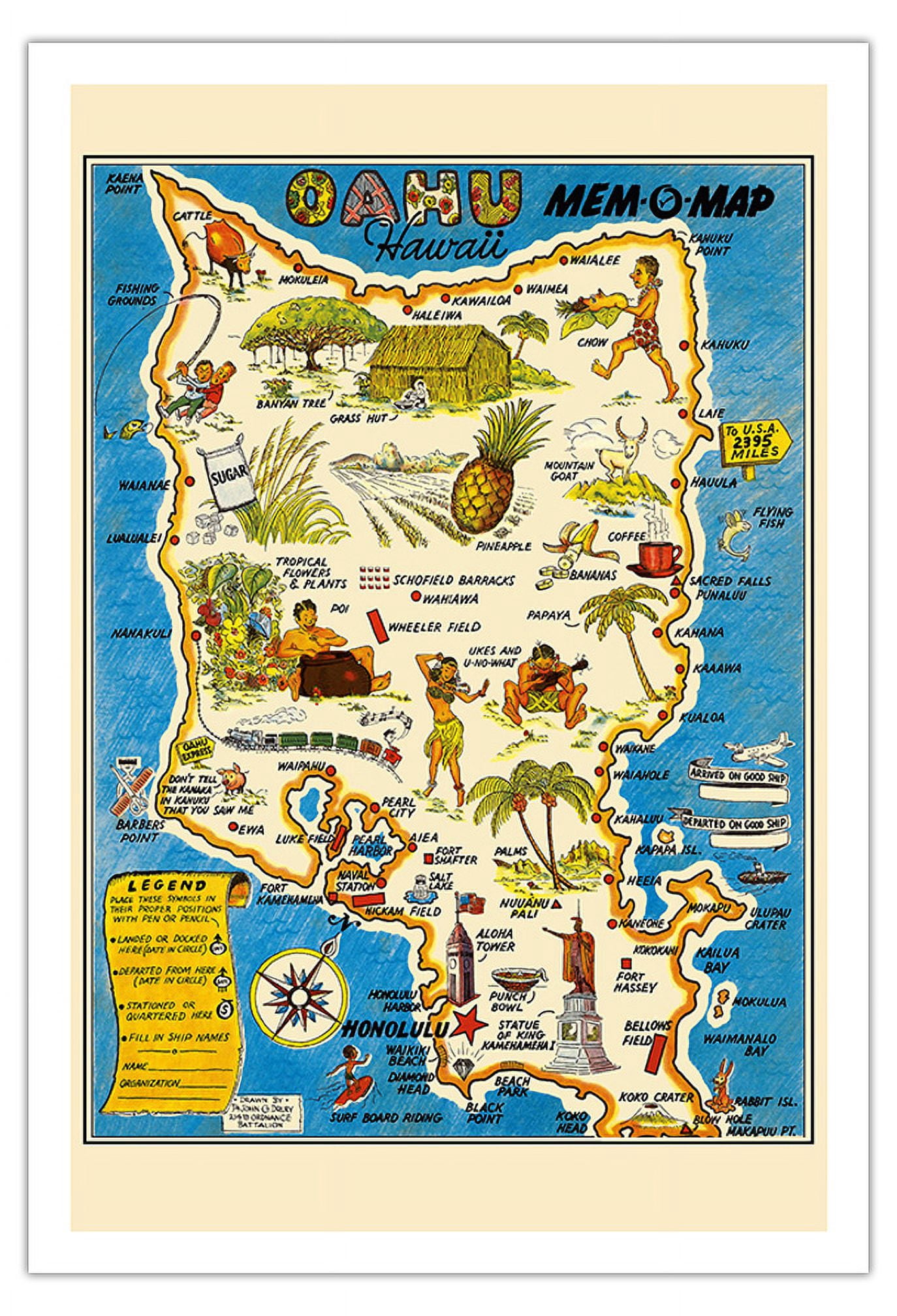 Oahu Hawaii Mem-O-Map - World War II Military Souvenir Map - Vintage ...