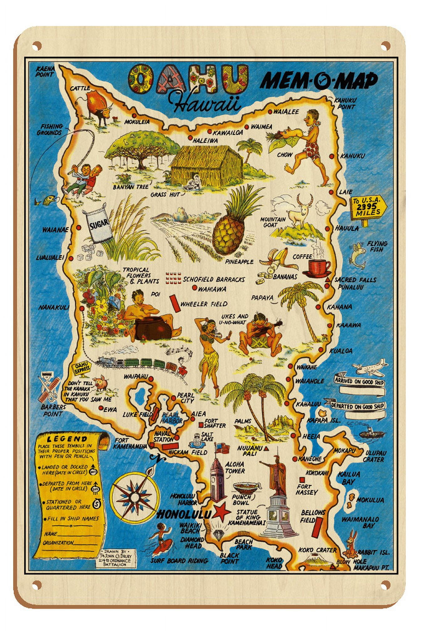 Oahu Hawaii Mem-O-Map - World War II Military Souvenir Map - Vintage ...