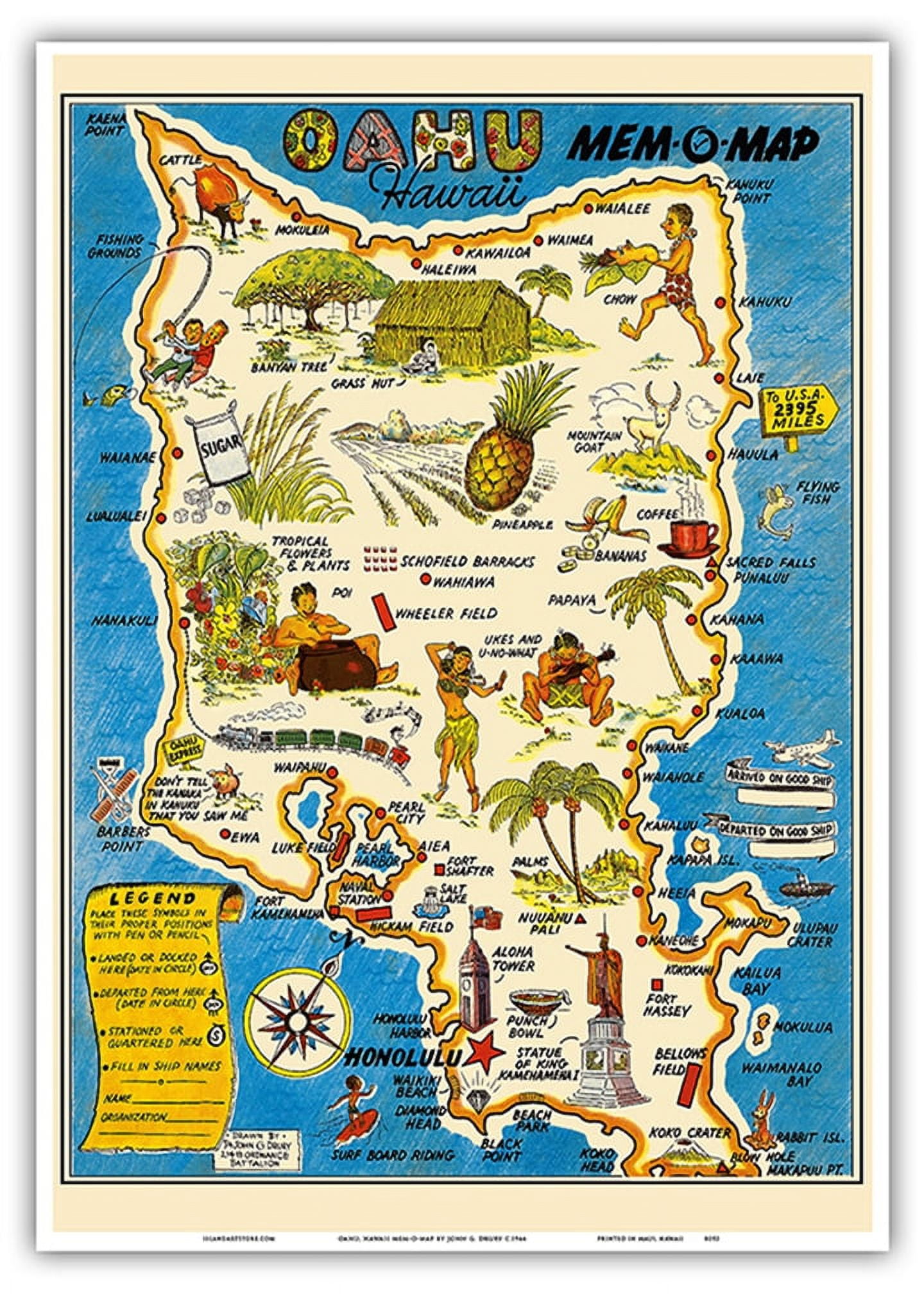 Oahu Hawaii Mem-O-Map - World War II Military Souvenir Map - Vintage ...