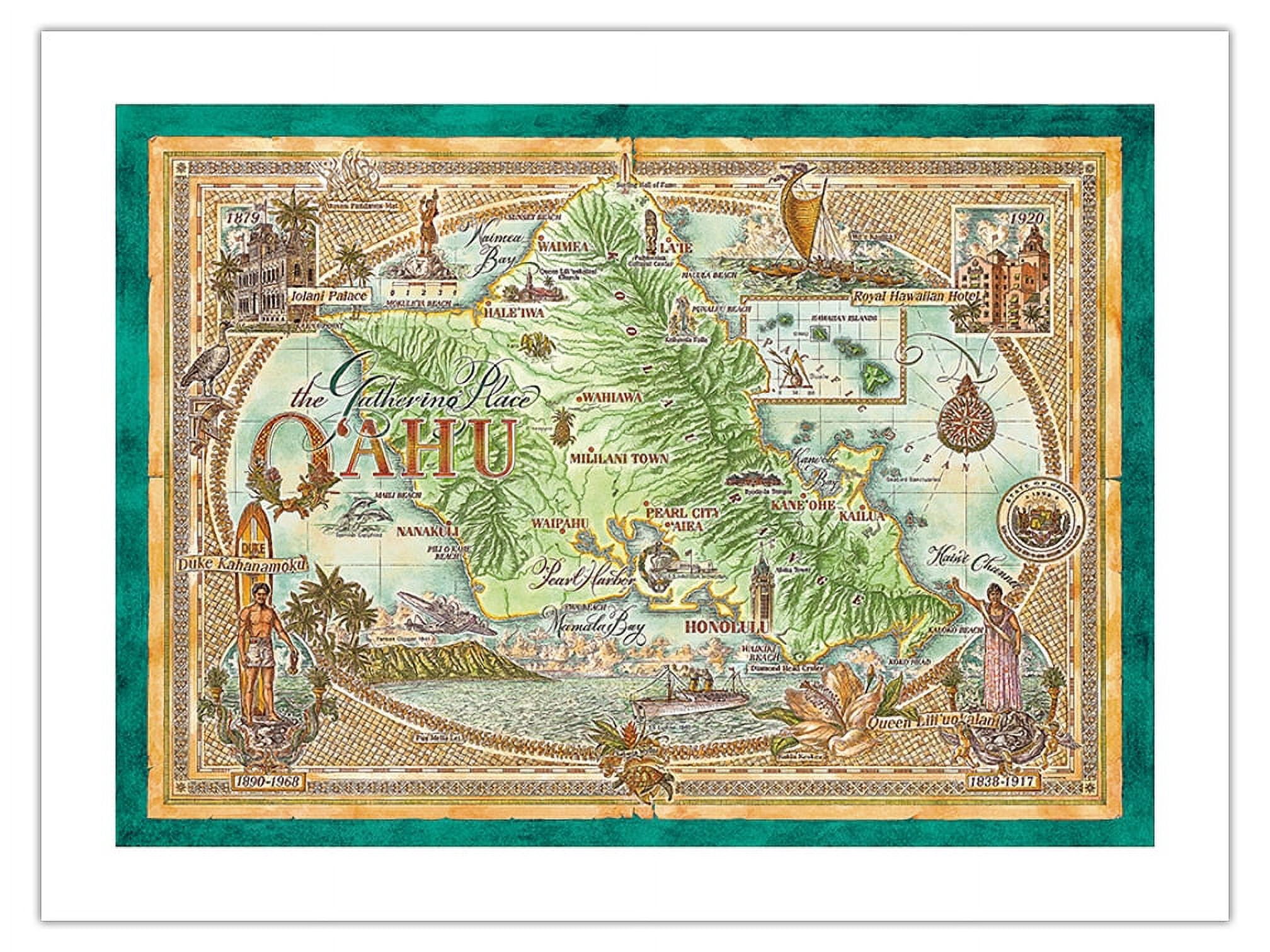 Oahu The Gathering Place - Vintage Pictorial Map by Dave Stevenson ...