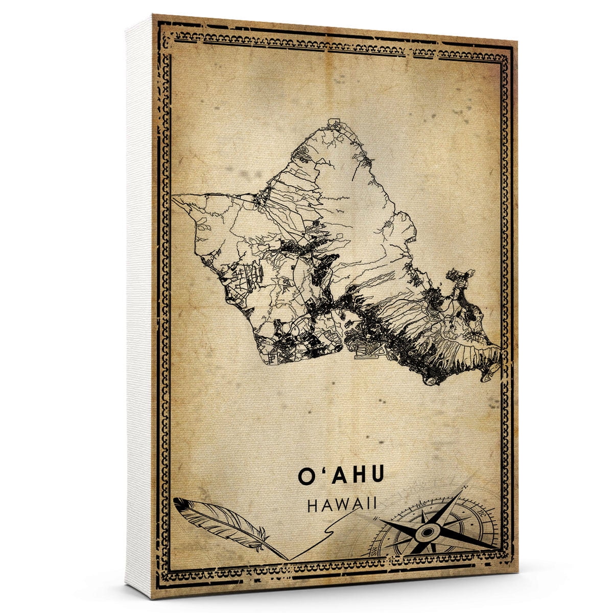 Oahu Vintage Map Prints Canvas, Hawaii Map Art Canvas, Canvas, Oahu Map ...
