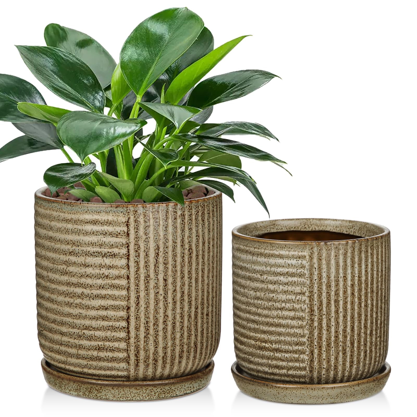 Oairse Ceramic Pots for Indoor Plants, 6.1 +4.9 inch Pots for Plants Set of 2 Brown Plant Pots ...