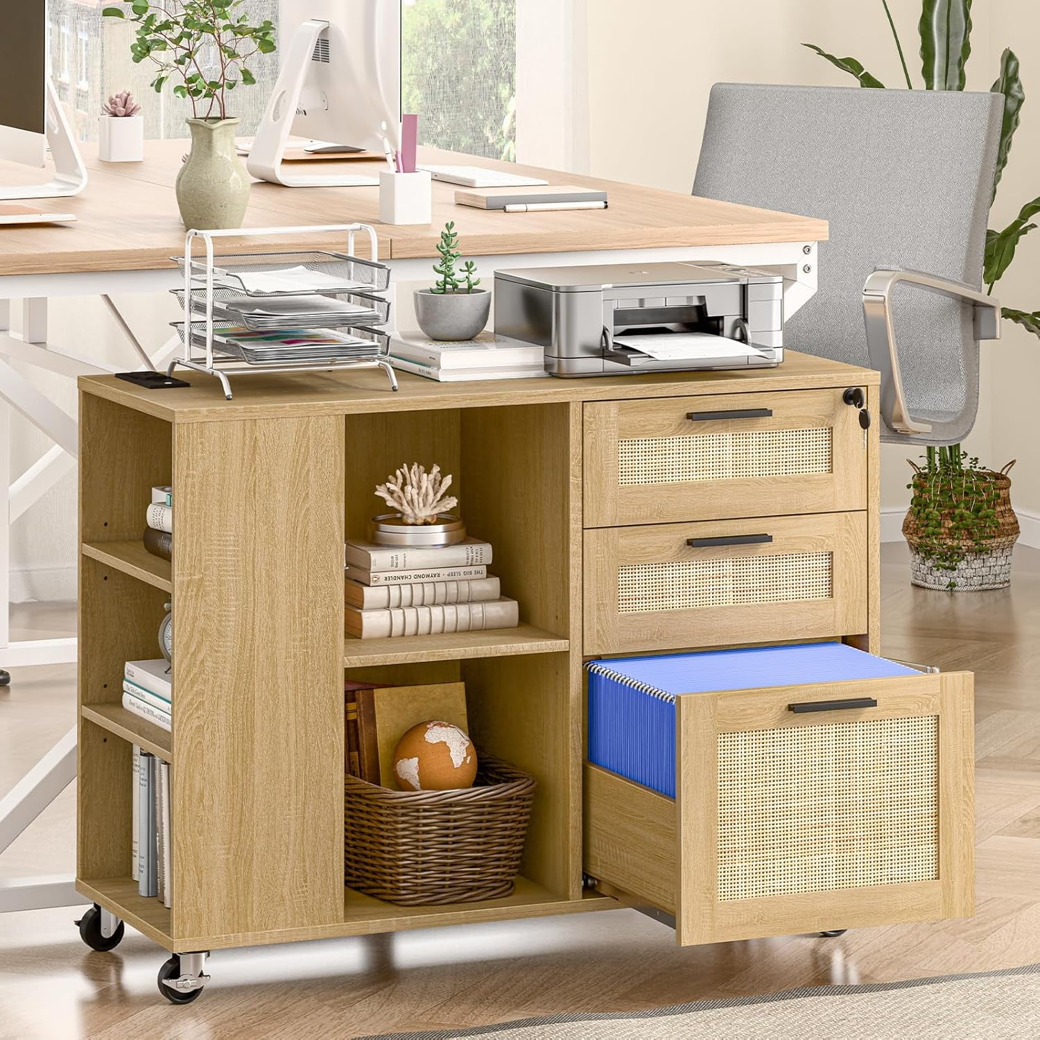 Oak 3-Drawer Lateral Mobile Rattan Filing Cabinet with Lock, Charging ...