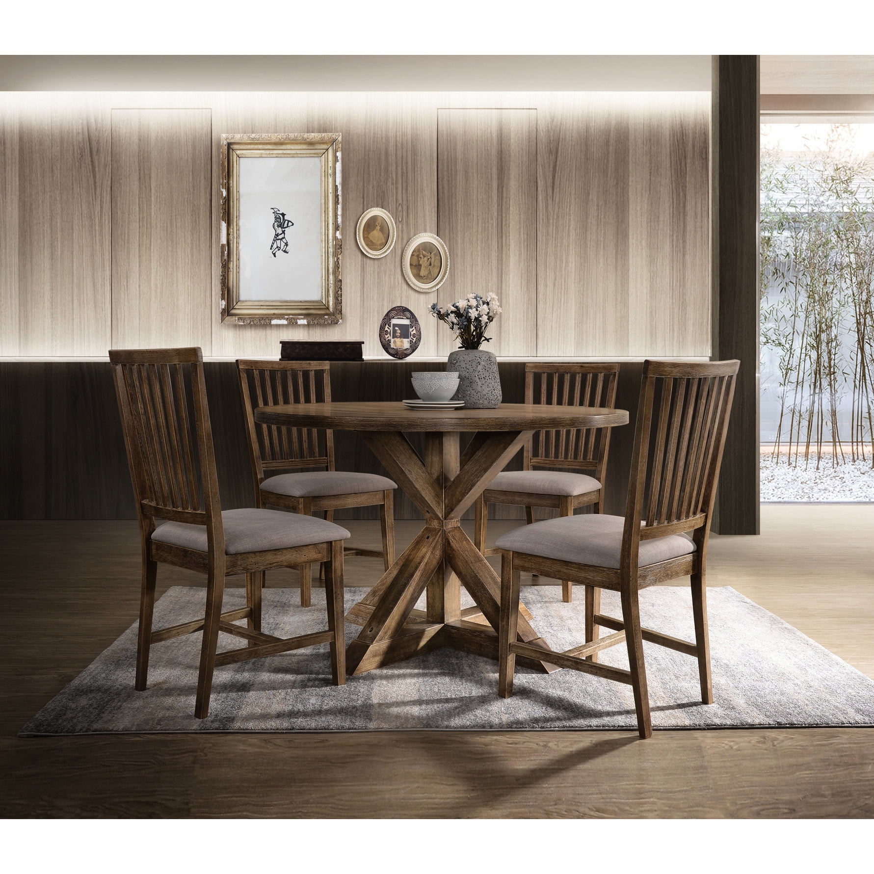 Oak - 5 - Piece Dining Set with Wooden and Linen Features - Indoor ...