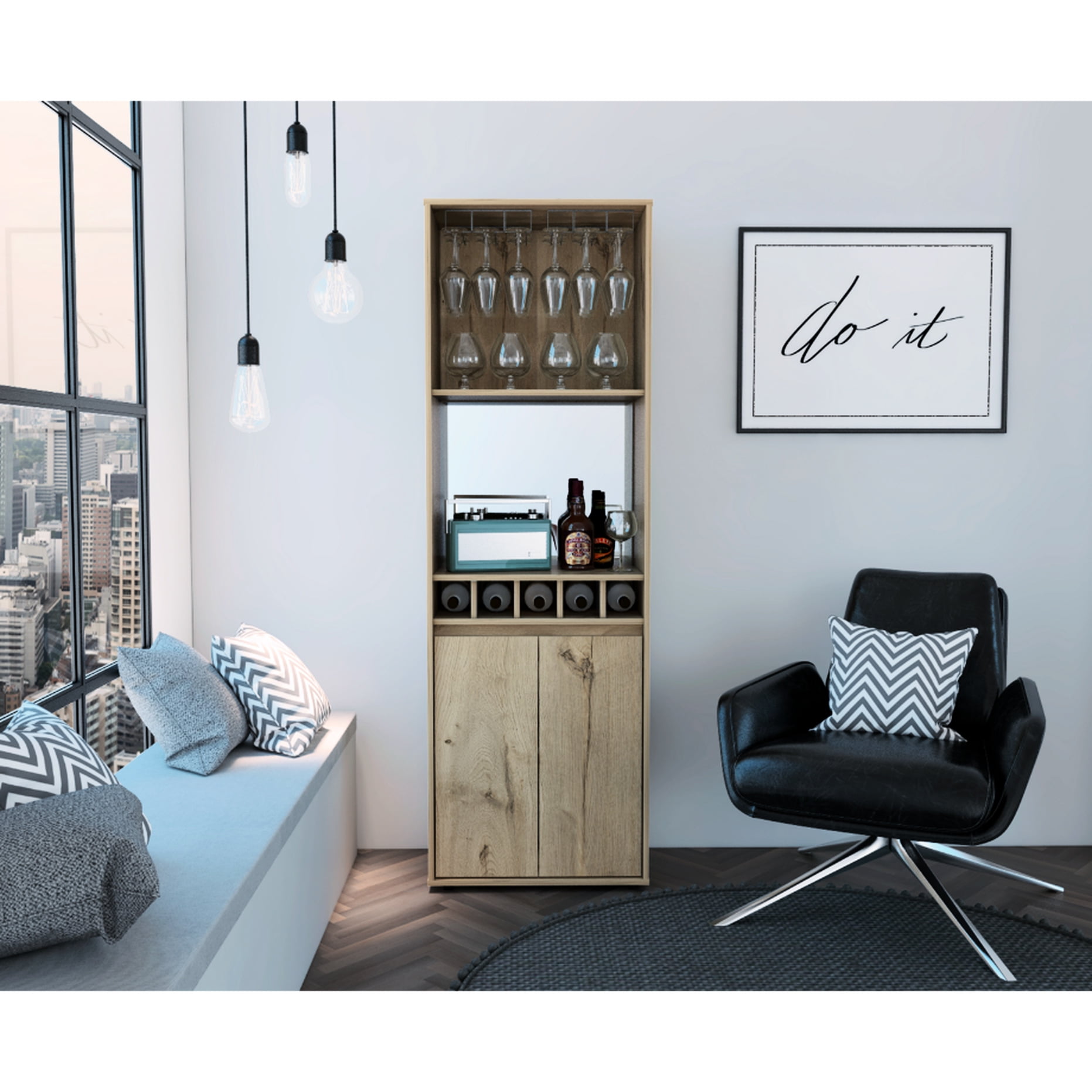 Oak Bar Cabinet, 70.8" Tall, Two Shelves, Five Built-in Wine Rack ...