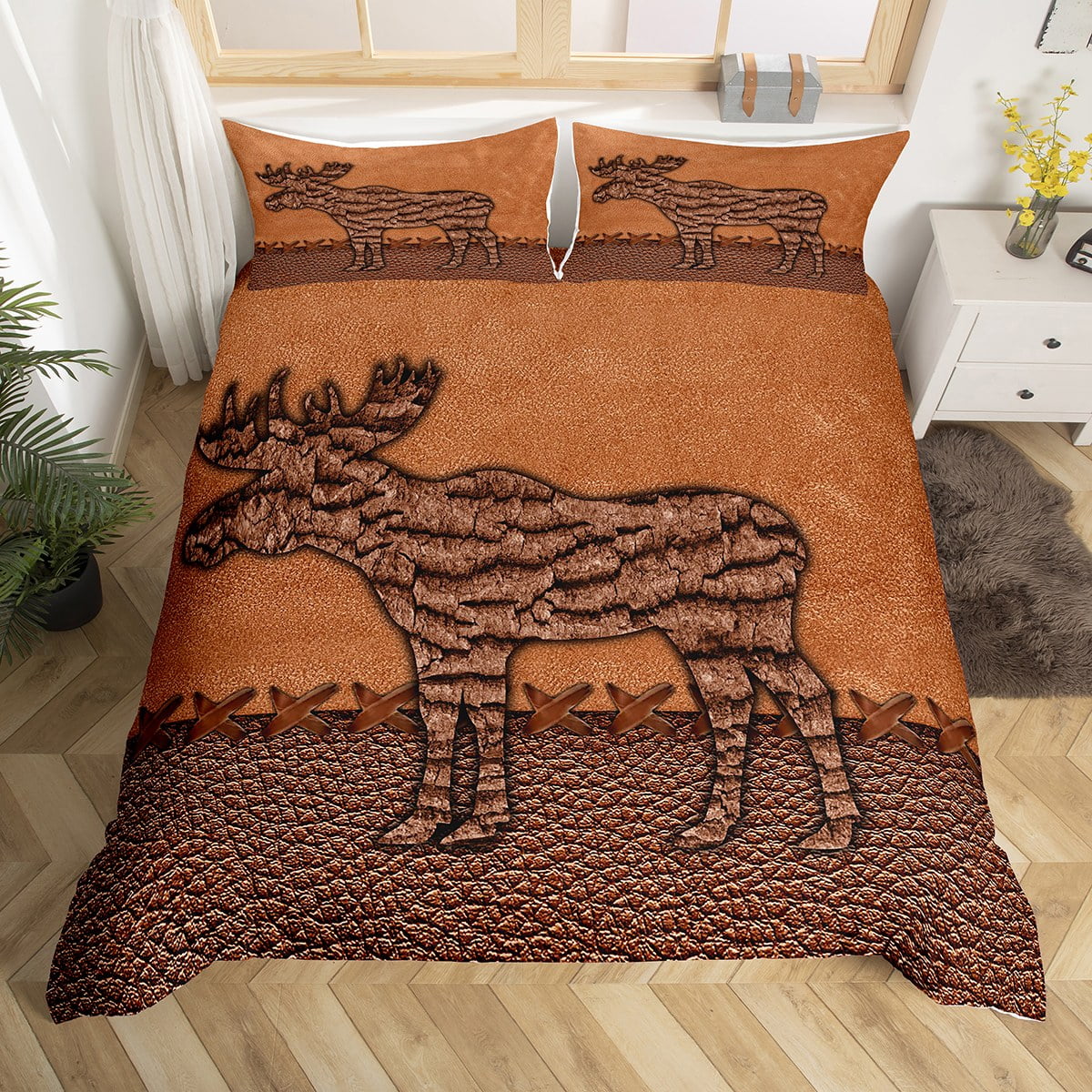Oak Bark Moose Bedding Set Hunting Woodland Animal Full Comforter Cover ...