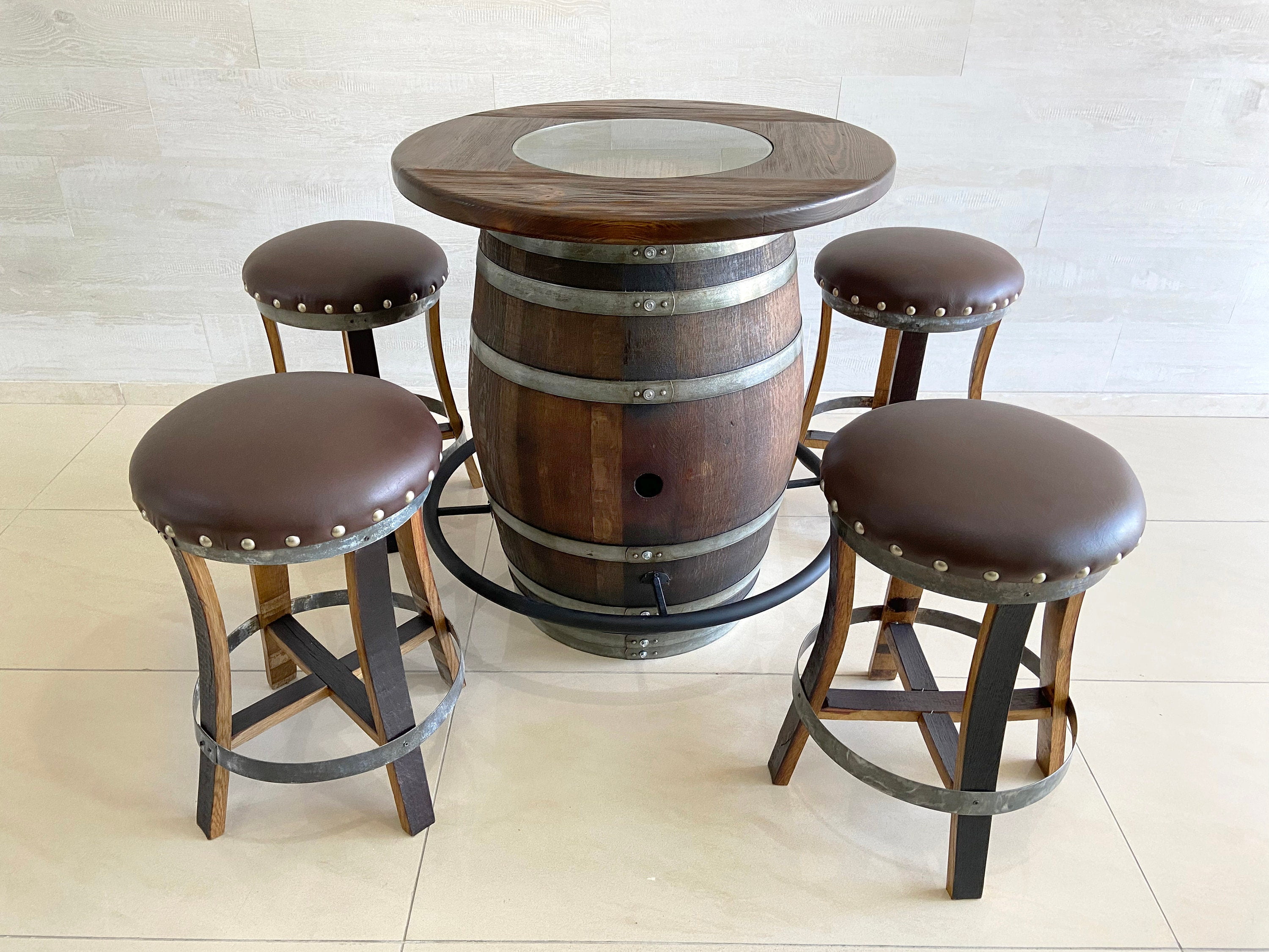 Oak Barrel Pub Table Set, Counter Height Wood Glass Top, Foot Rail, Bar ...
